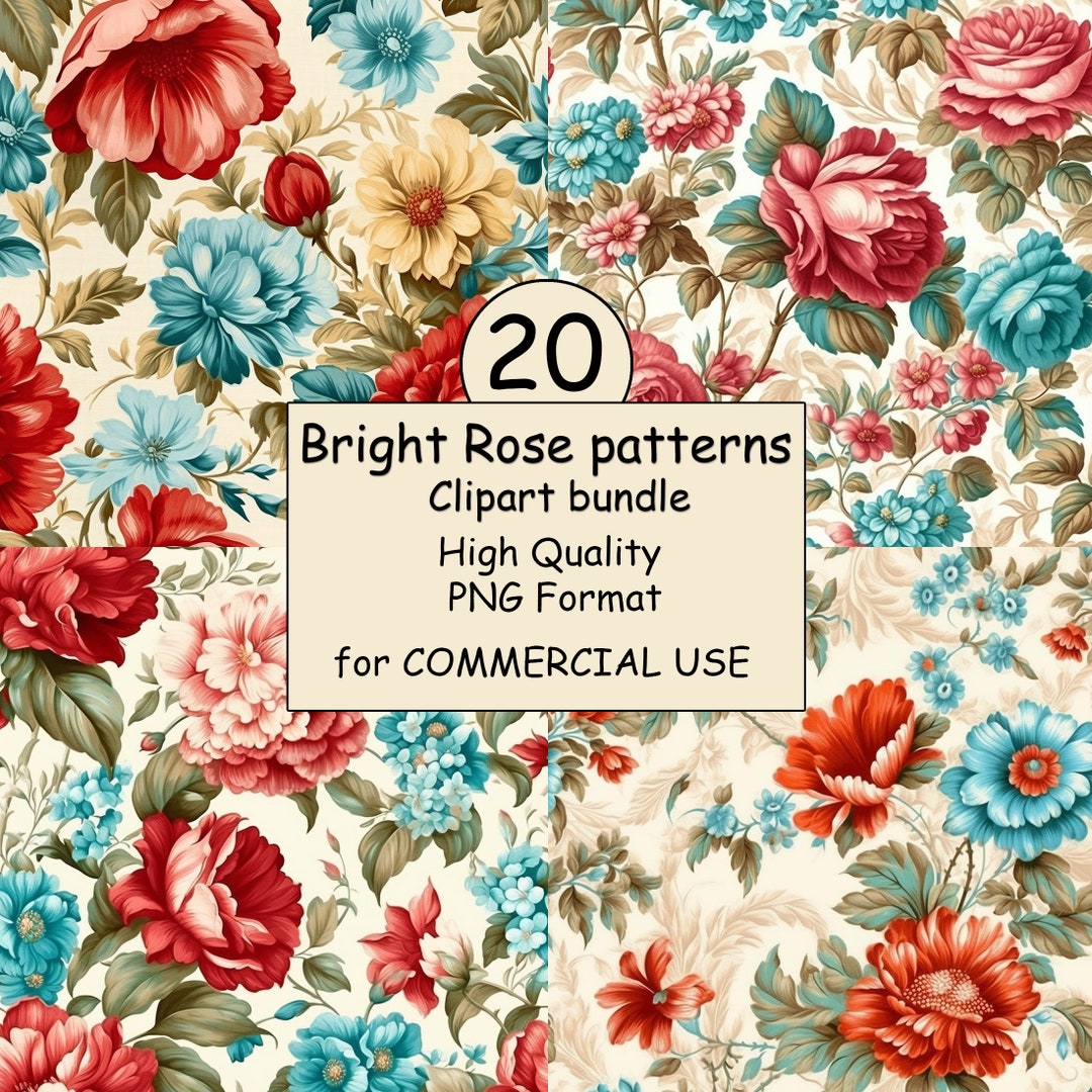 Bright Roses Floral Digital Paper, Seamless Pattern Clipart Bundle ...