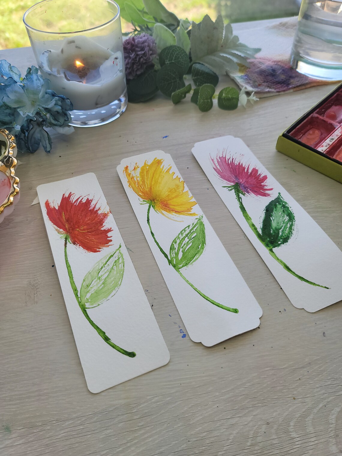Hand Painted Original Watercolor Bookmark Set of 3 | Red, Yellow, and ...