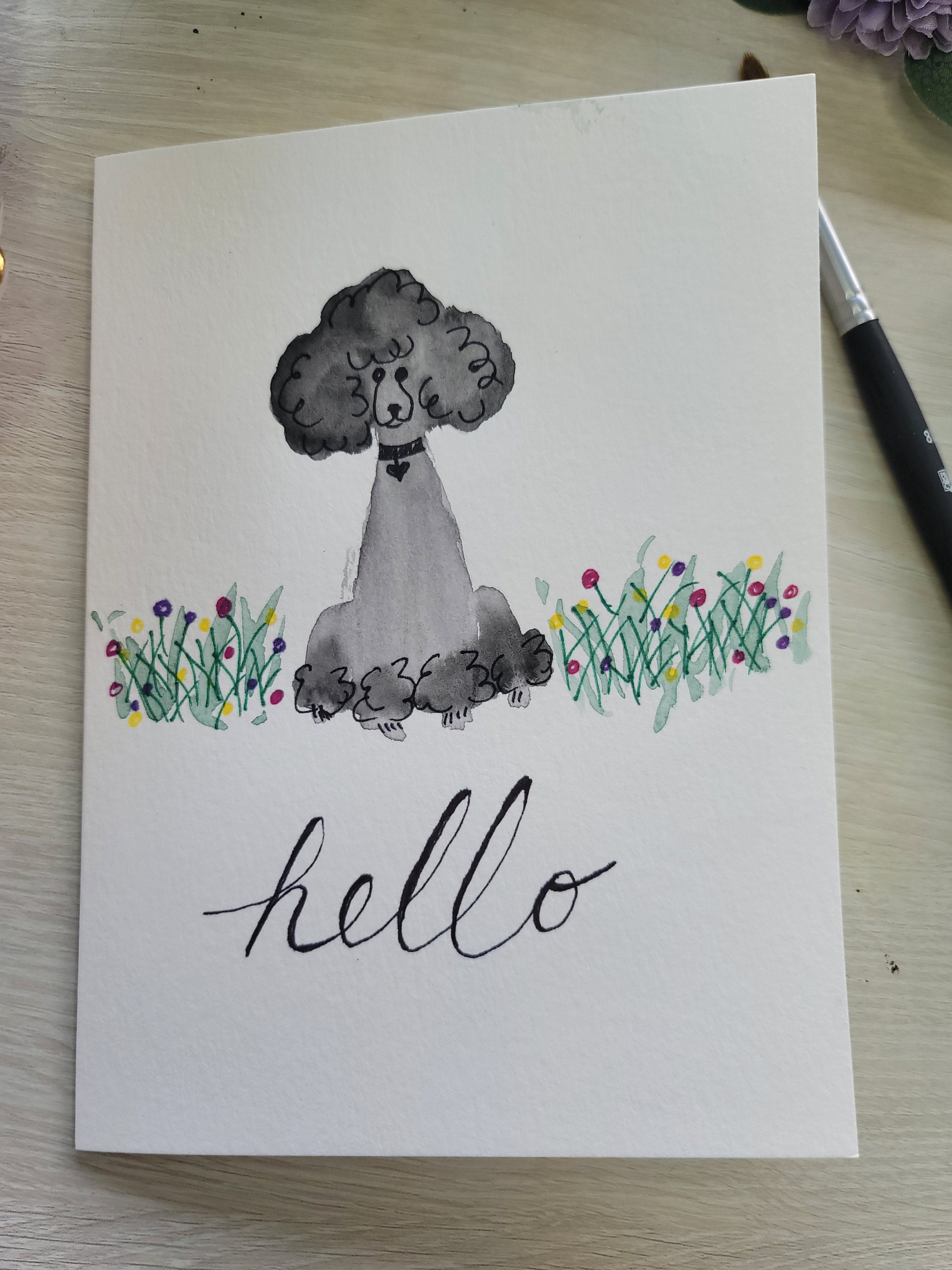 Hand Painted Original Watercolor Greeting Card hello Poodle Flowers ...