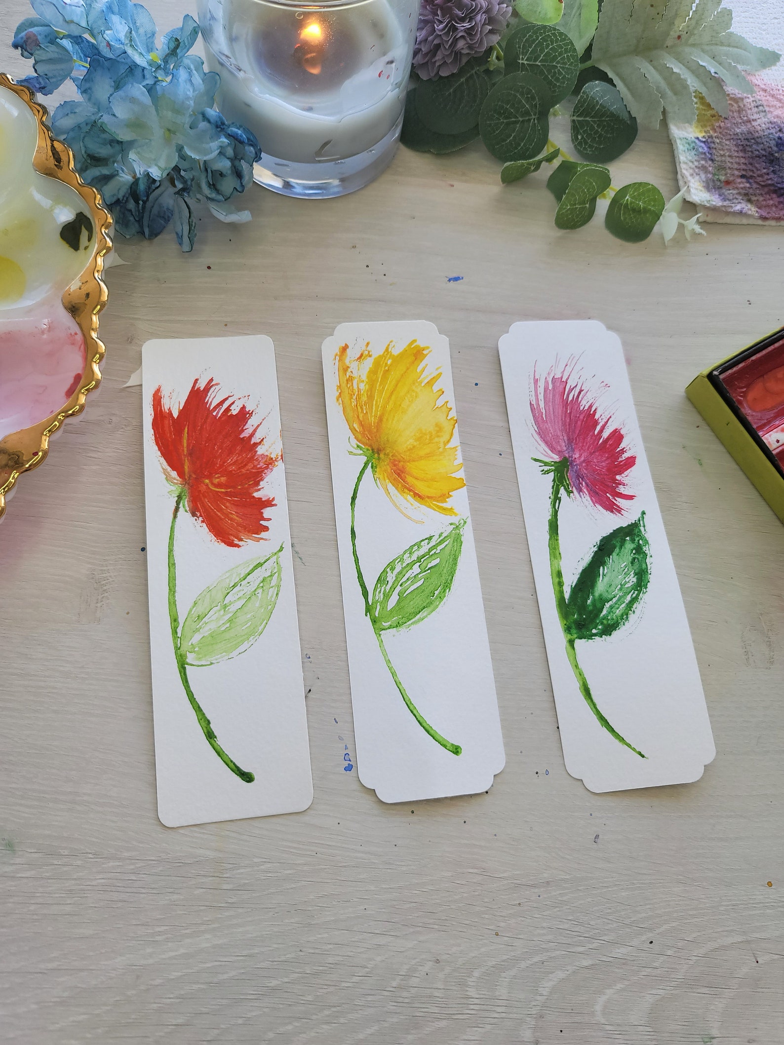 Hand Painted Original Watercolor Bookmark Set of 3 | Red, Yellow, and ...