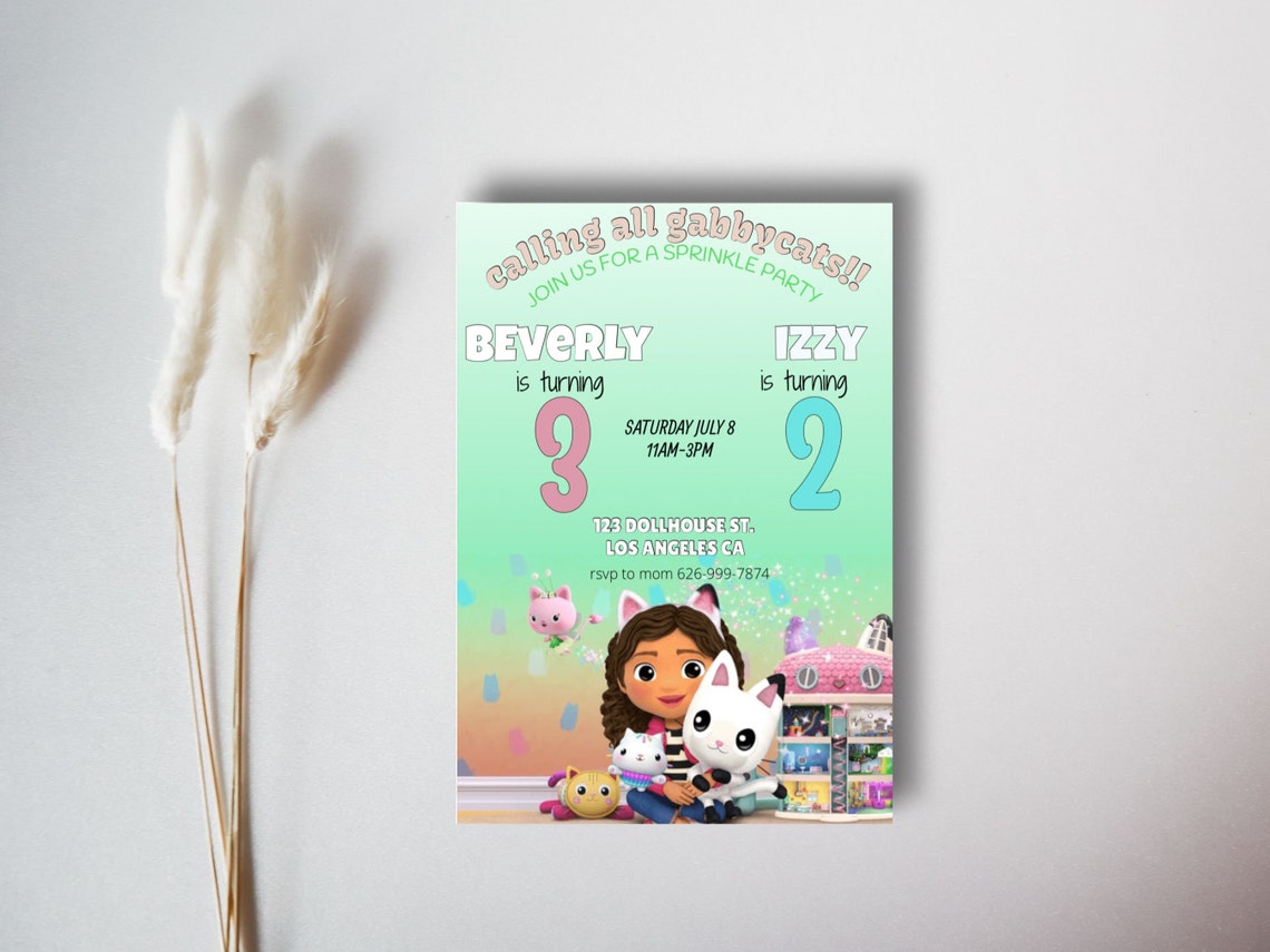 Gabbys Dollhouse Invitation, Joint Birthday Party Invitation, Digital ...
