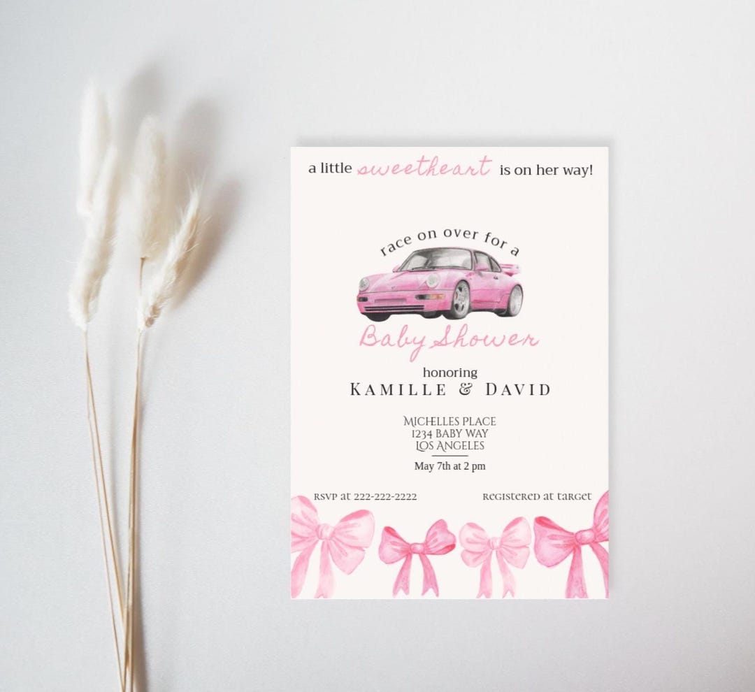 Pink Cars and Bows Baby Shower Invitation, Porsche Themed Baby Shower ...