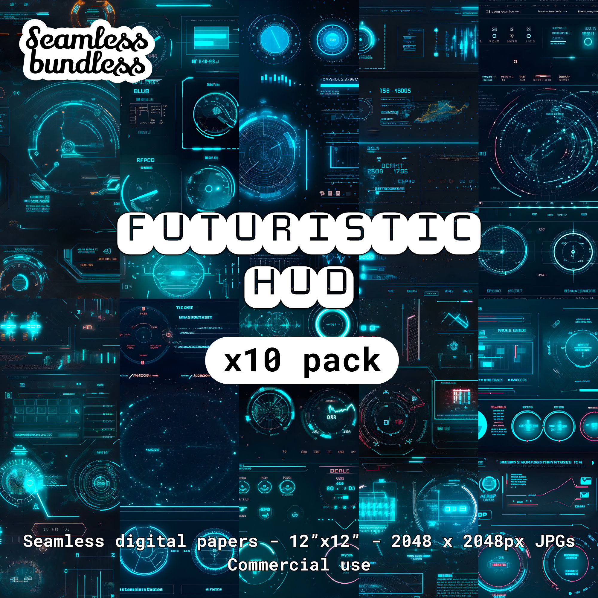 Futuristic Interface Digital Paper, Tiling HUD Texture, 10 Seamless ...