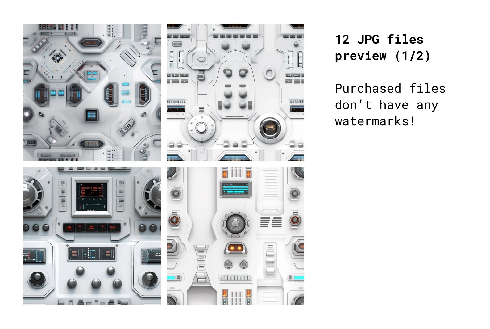 White Futuristic Sci-fi Spaceship Control Boards HUD, 8 Seamless Tiling Textures Pack, Instant ...