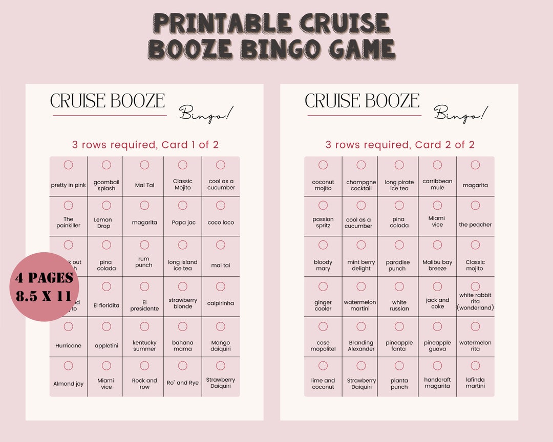 Set of 5 Cruise Bingo Game for Kid,cruise Game Printable,cruise Booze ...