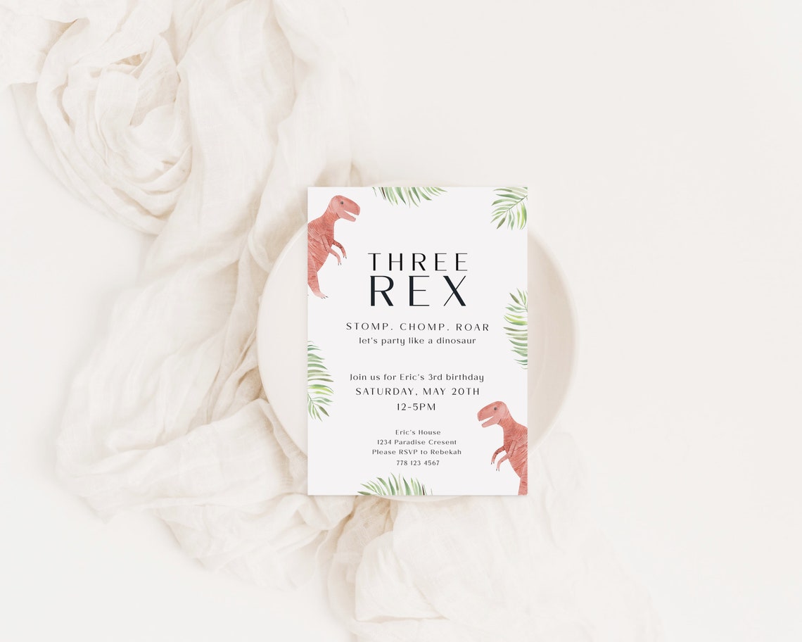 Three Rex Birthday Invitation, Dinosaur Third Birthday, Modern Green ...