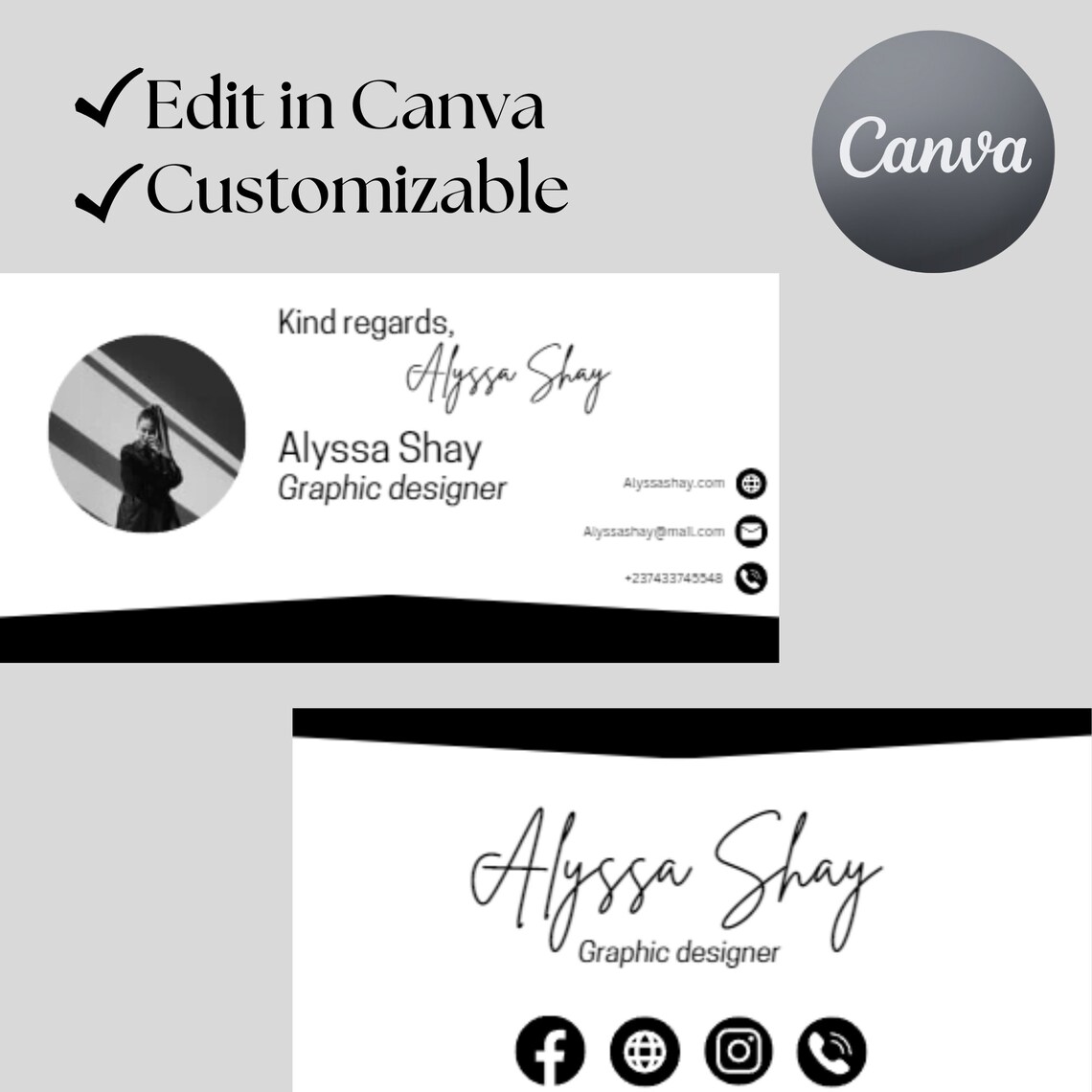 Email Signature Template, Canva Email Signature Template, Black and ...