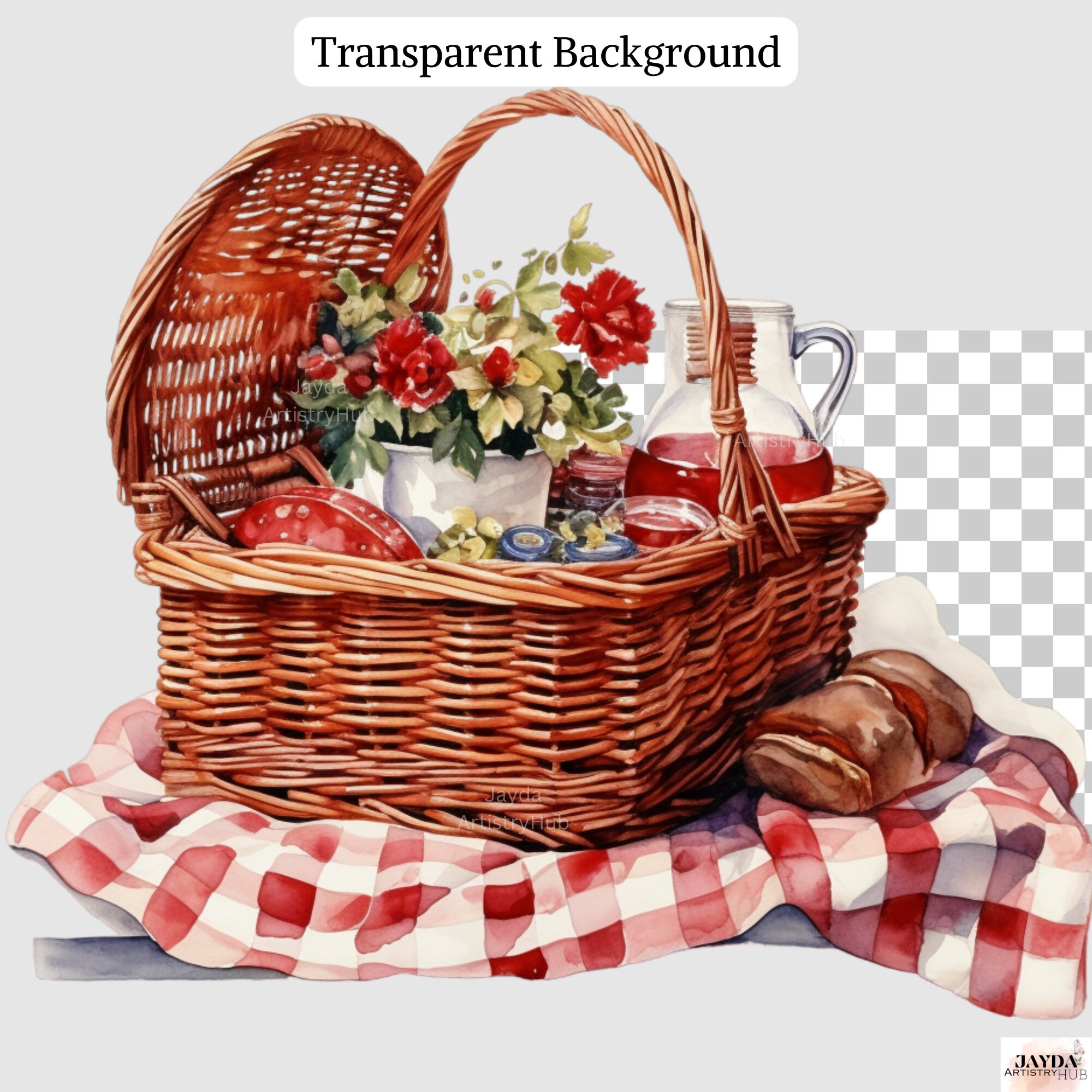 Watercolor Red Picnic Basket Clipart PNG Files, Summer Clipart ...