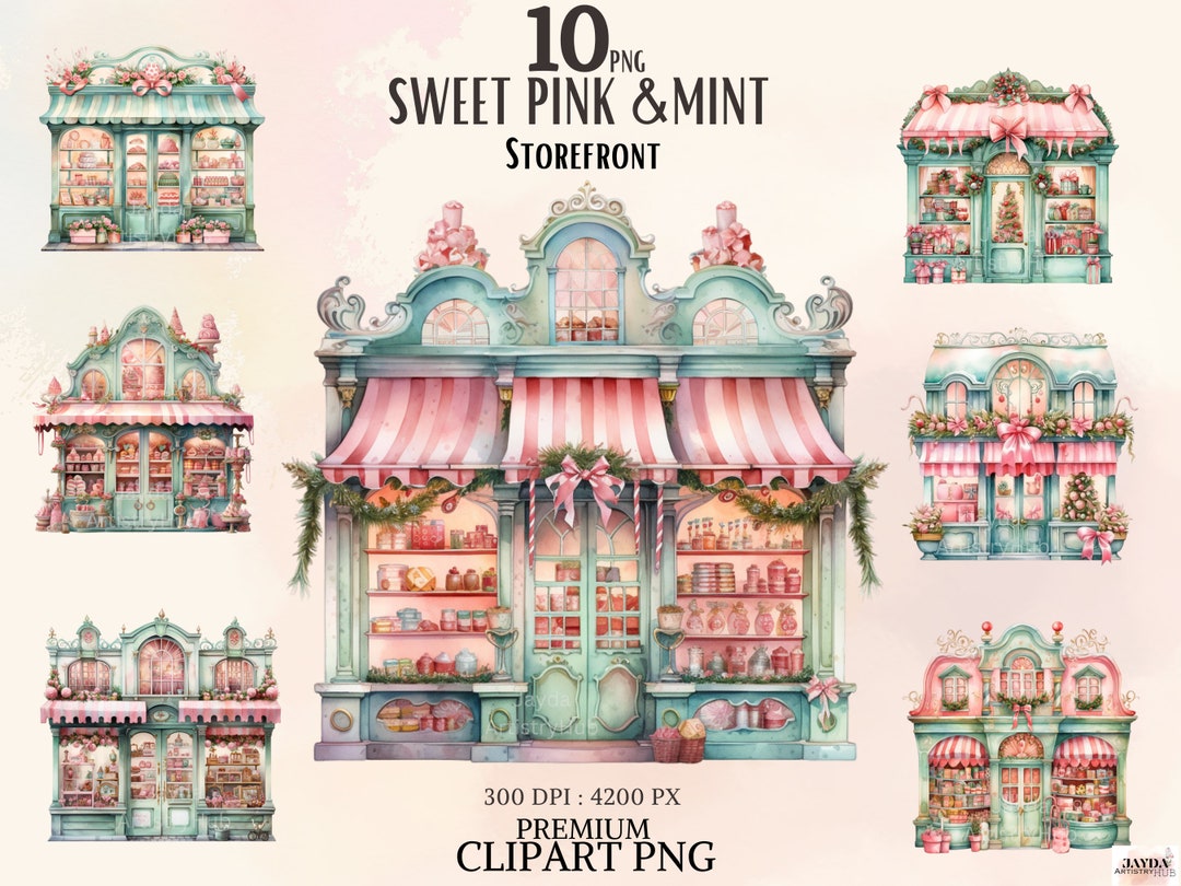 Pink and Mint SWEETY Dessert Storefront Watercolor Clipart Pack PNG ...