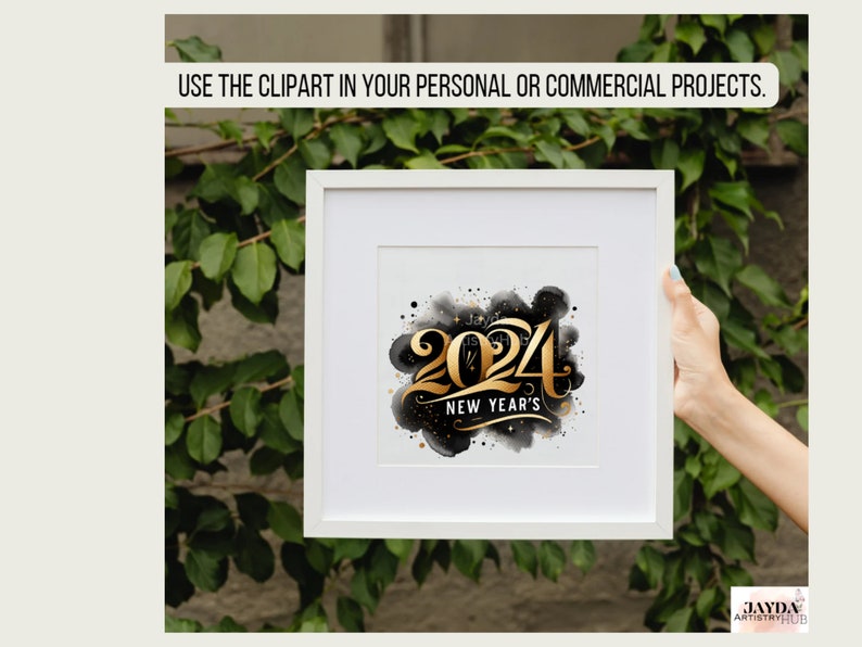 Watercolor Happy New Year Clipart Bundle, 2024 Black and Gold New Year ...