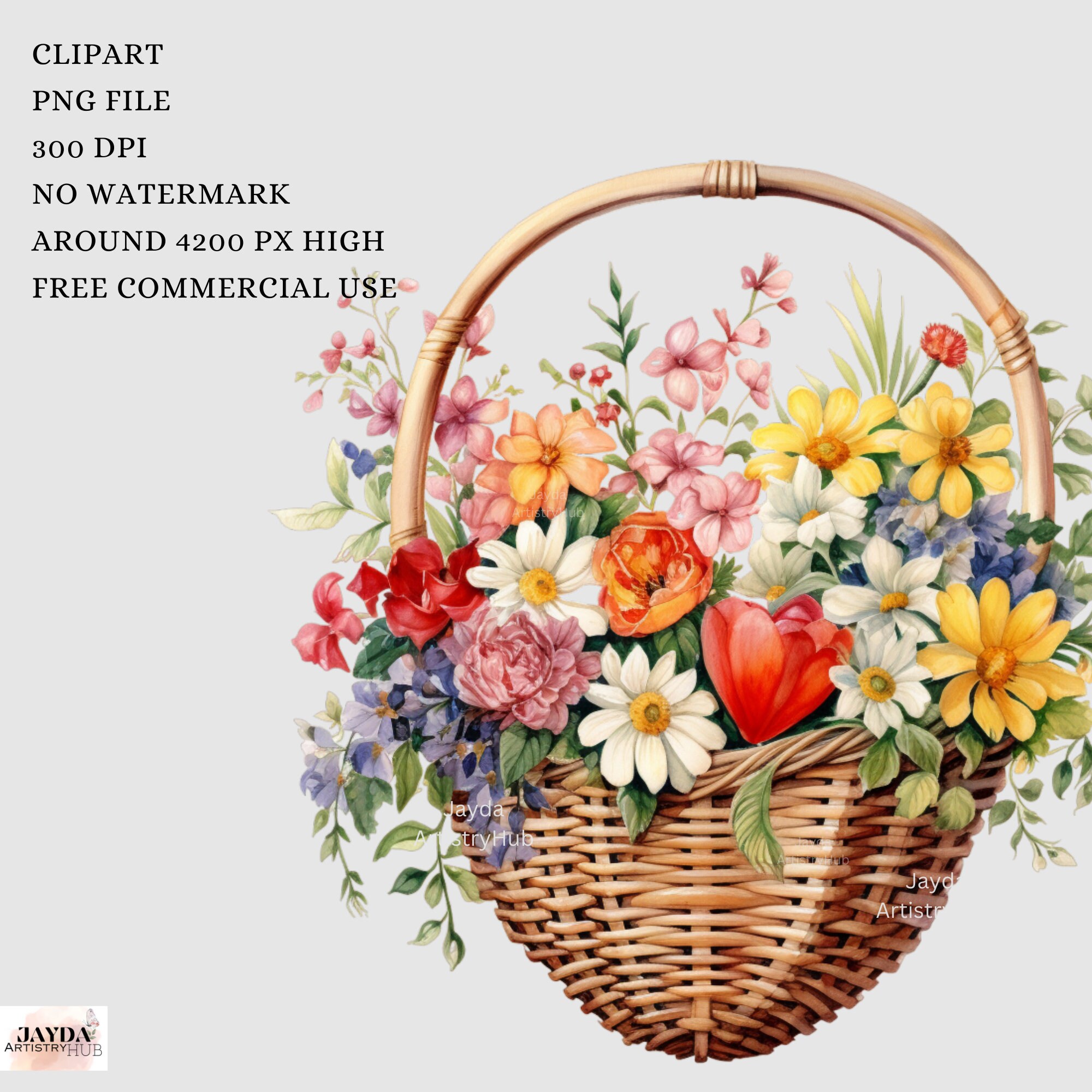 Watercolor Flower Basket Clipart PNG, Spring Floral Clipart, Digital ...