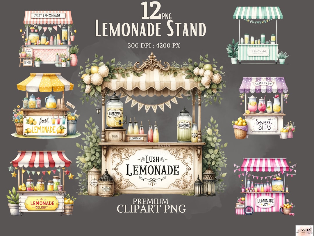 Watercolor Lemonade Stand Clipart Bundle PNG, Child's Wooden Stand Food ...