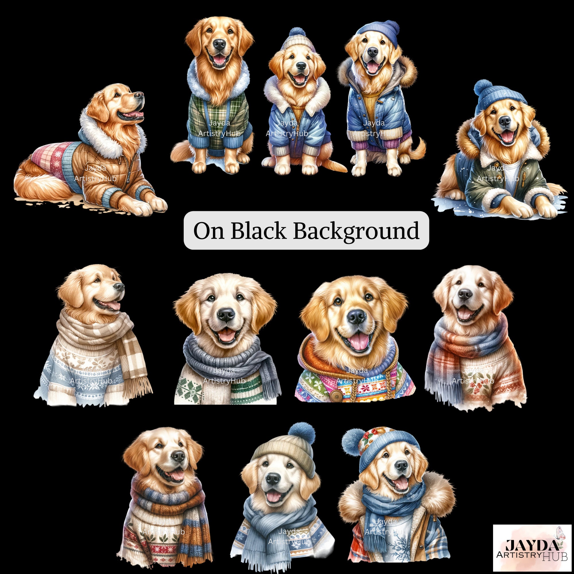 Watercolor Golden Retriever Puppy Winter Clipart Bundle PNG, Digital ...