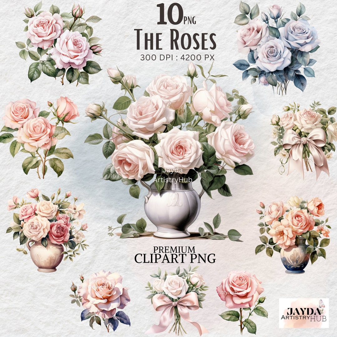 Watercolor Pink Roses Clipart, Wedding Flowers Clipart Bundle, Flower ...