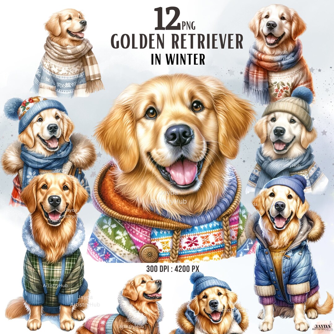 Watercolor Golden Retriever Puppy Winter Clipart Bundle PNG, Digital ...