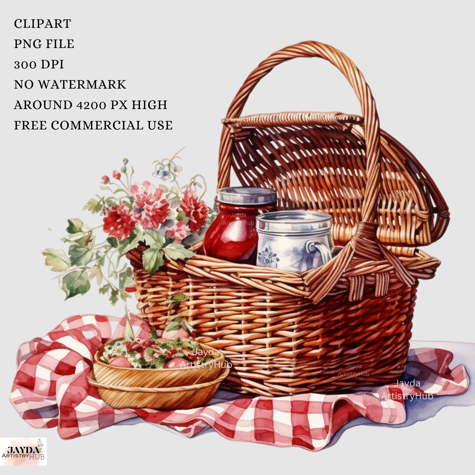 Watercolor Red Picnic Basket Clipart PNG Files, Summer Clipart ...