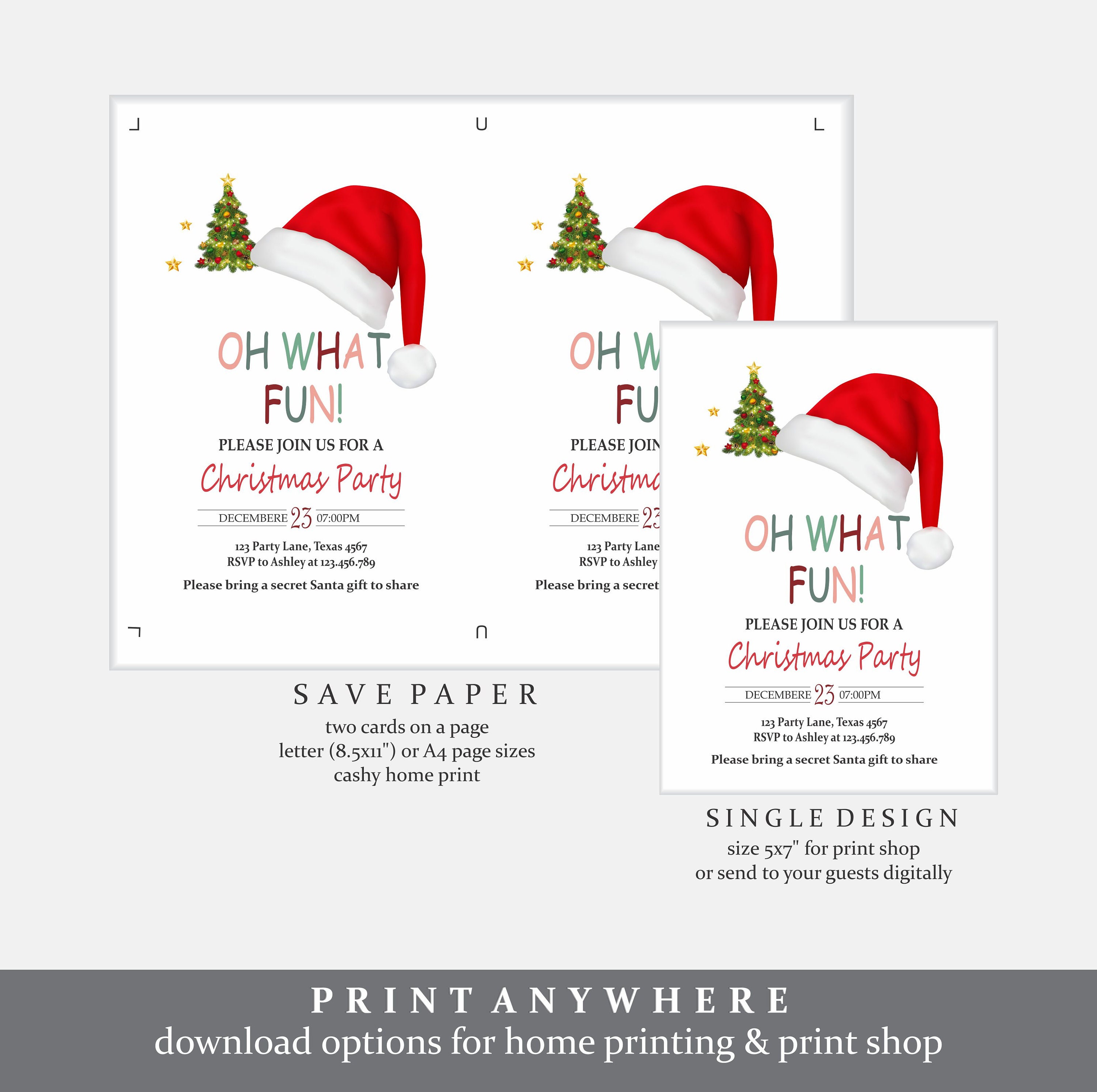 Editable Christmas Party Invitation Card, Holidays Santa Hat, Oh What ...