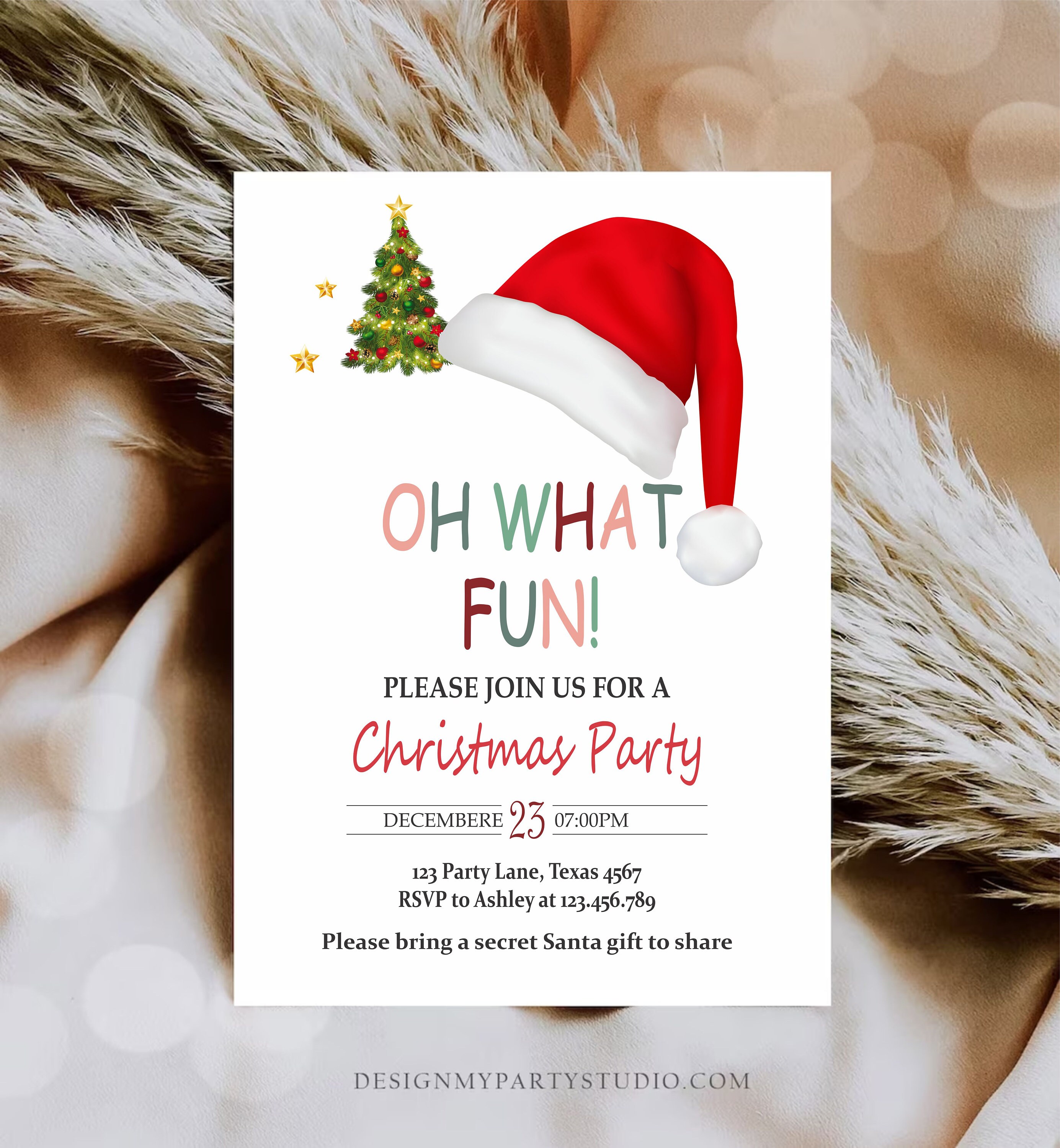 Editable Christmas Party Invitation Card, Holidays Santa Hat, Oh What ...