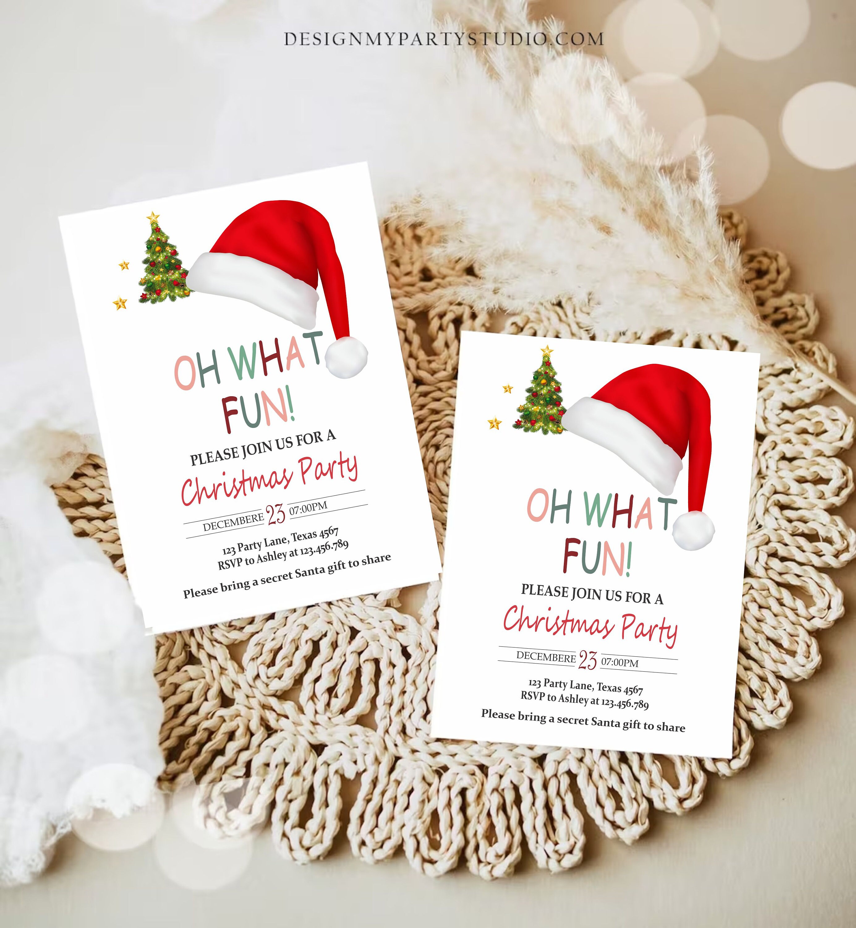 Editable Christmas Party Invitation Card, Holidays Santa Hat, Oh What ...
