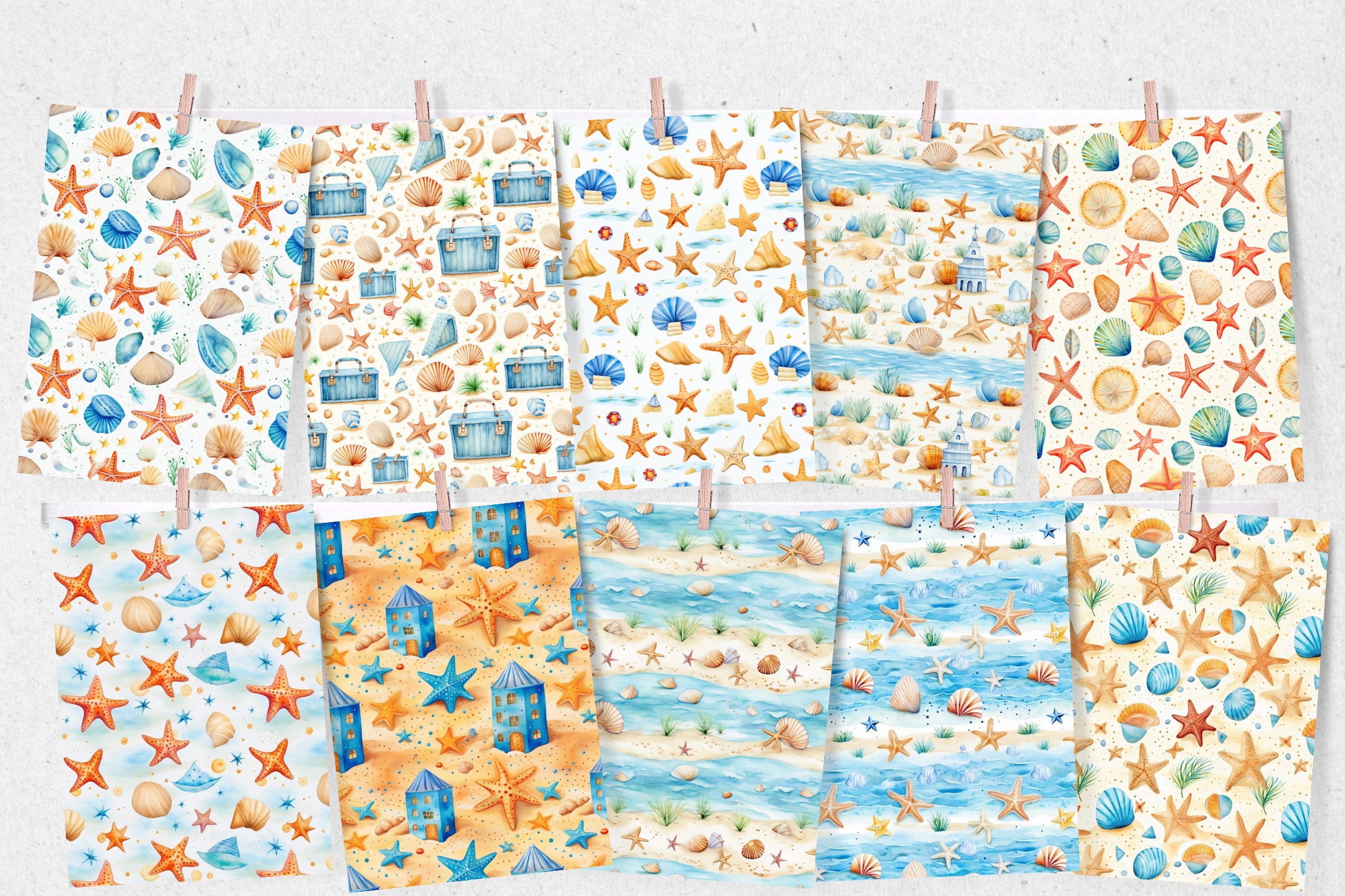Pastel Beach Patterns Seamless Paper, Watercolor Digital Junk Journal ...