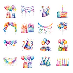 100 PNG Birthday Watercolor Clipart. BUNDLE Cute Cake, Balloons ...
