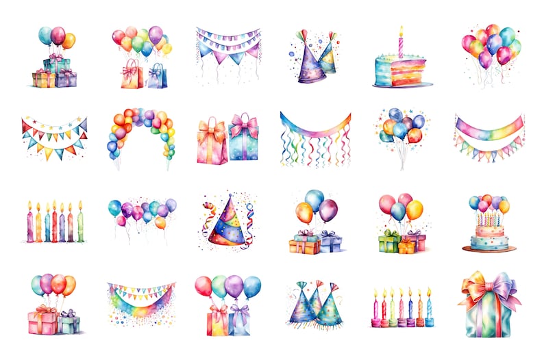 100 PNG Birthday Watercolor Clipart. BUNDLE Cute Cake, Balloons ...