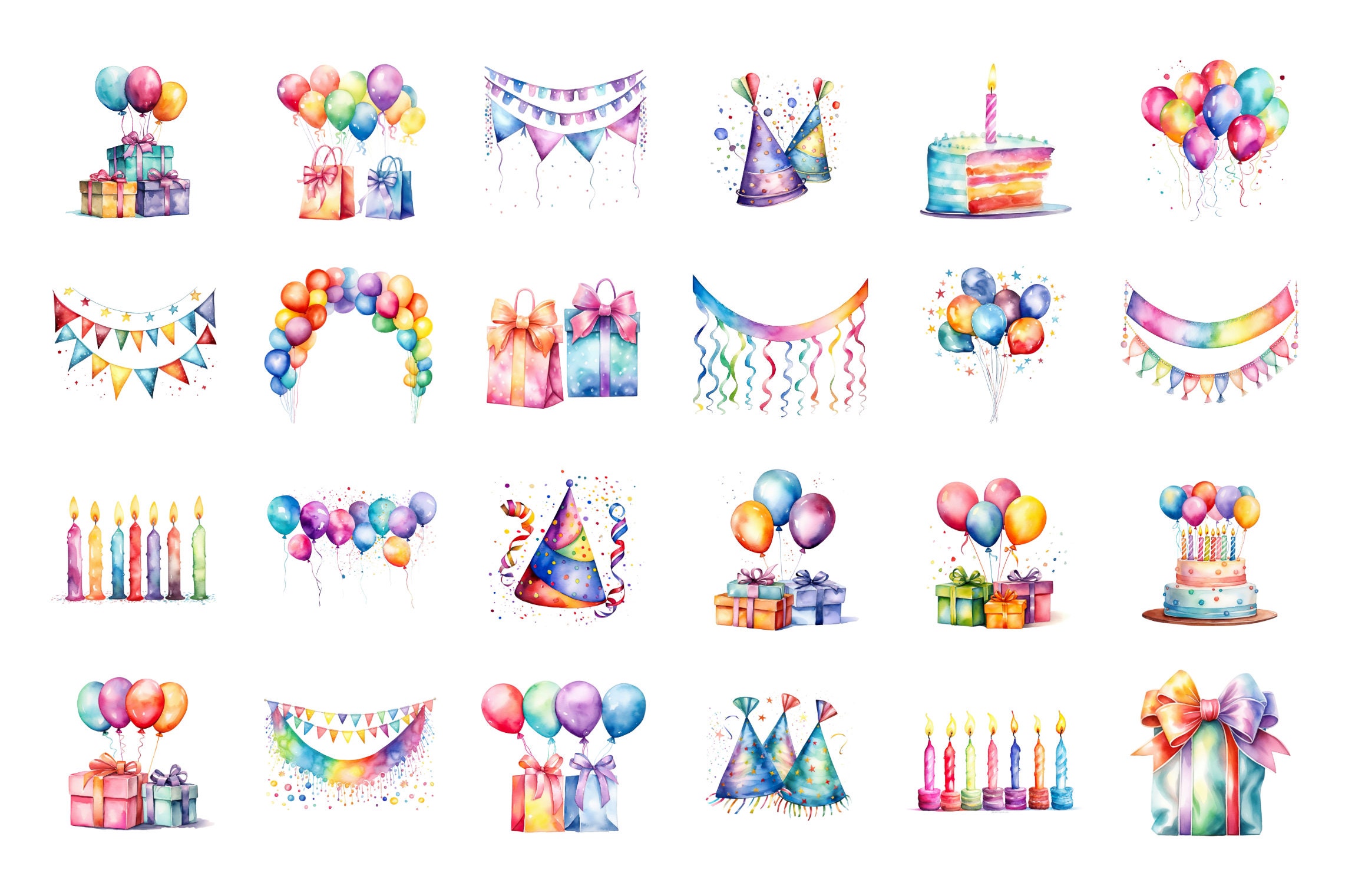 100 PNG Birthday Watercolor Clipart. BUNDLE Cute Cake, Balloons ...