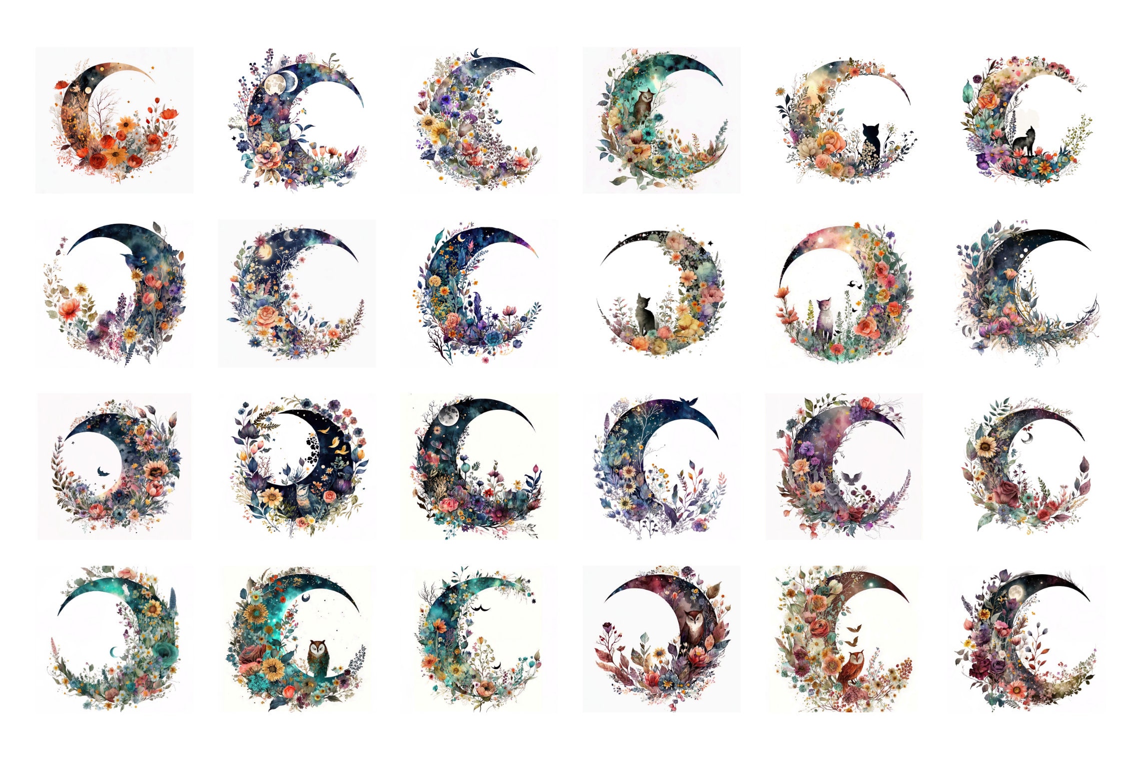 110 PNG Floral Moons, Watercolor Clipart Bundle. Transparent Background ...