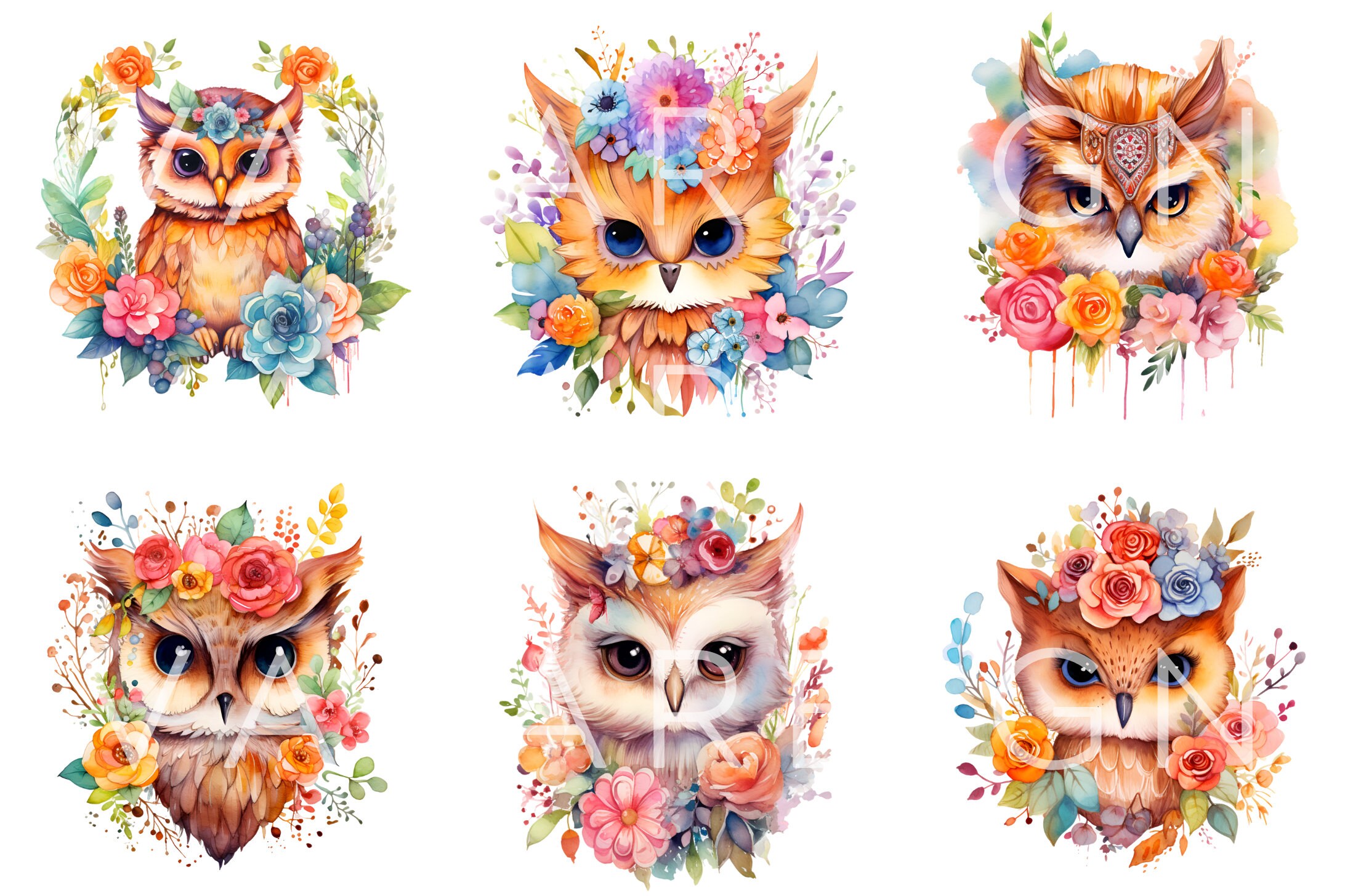 Floral Owls Watercolor Clipart Bundle, Geometric Pretty OWLS ...