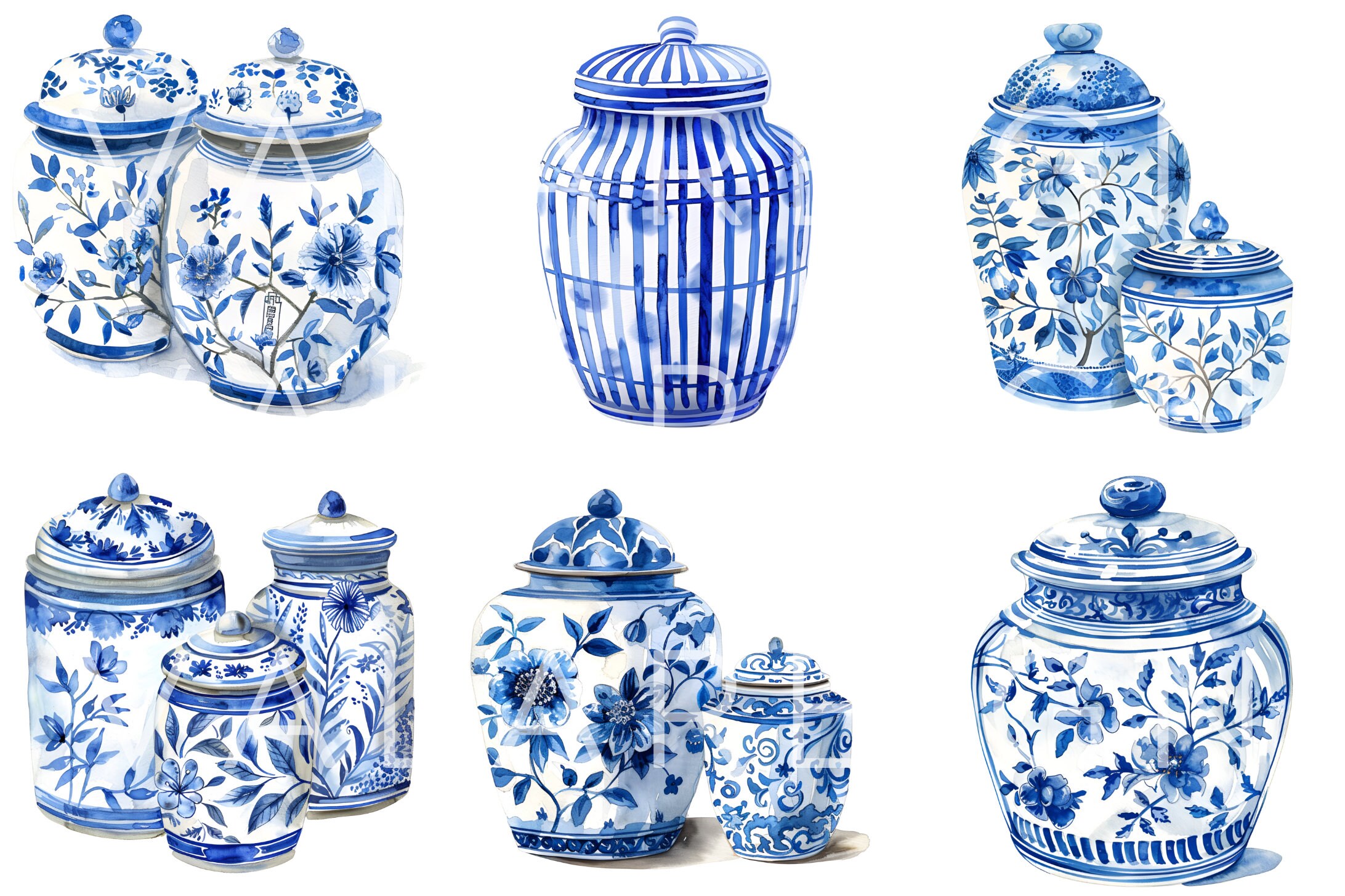 Chinoiserie Ginger Jars Vol2, Watercolor Clipart BUNDLE PNG ...