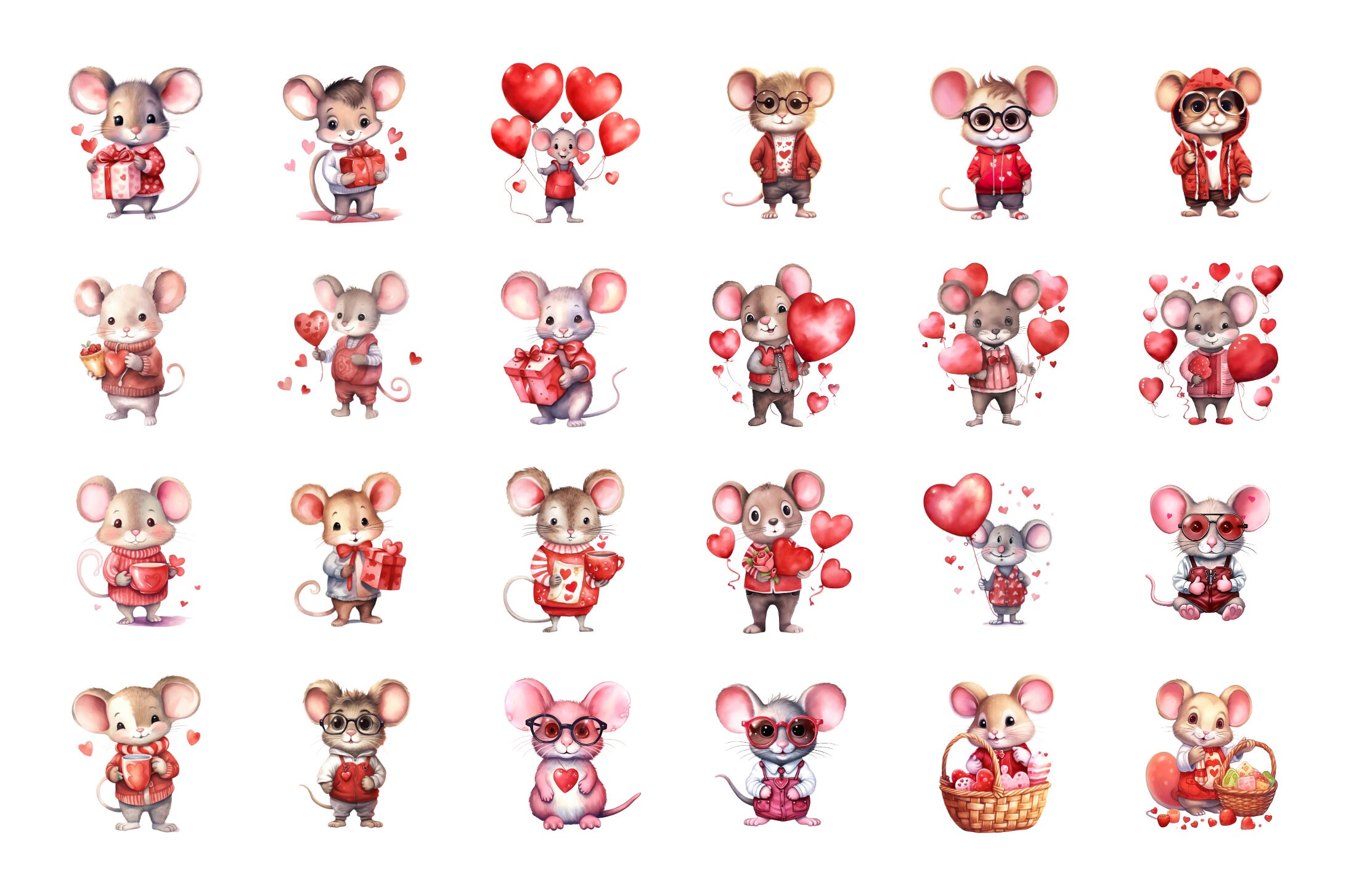 70 PNG Cute Mice, Valentines Day, Watercolor Clipart Bundle ...