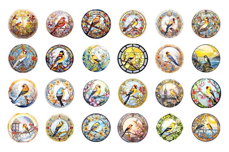 Stained Glass Finch Designs, Mandala Watercolor Clipart BUNDLE Stained ...