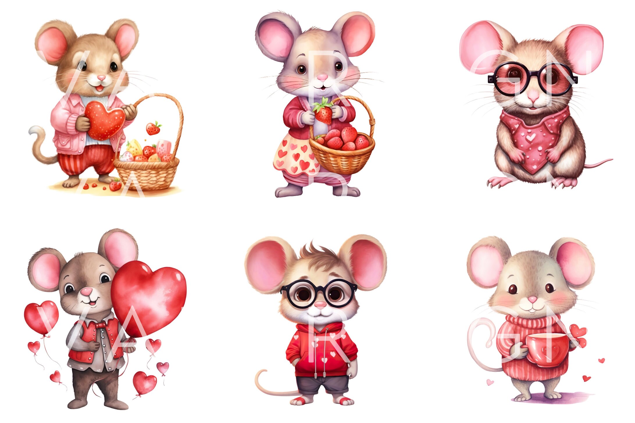 70 PNG Cute Mice, Valentines Day, Watercolor Clipart Bundle ...
