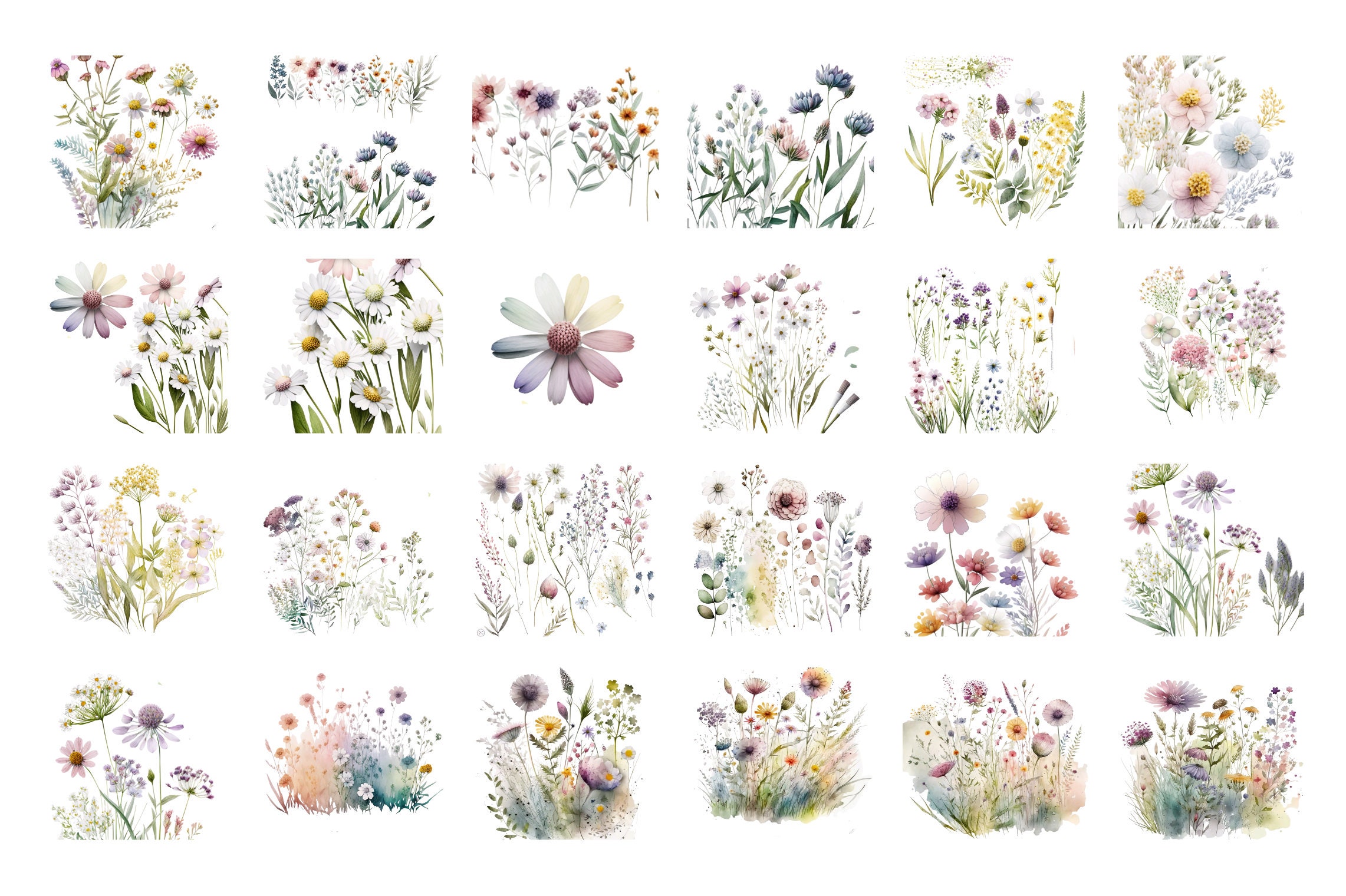 50 Watercolor Meadow Flowers Floral Clipart Bundle, Floral Border Set ...