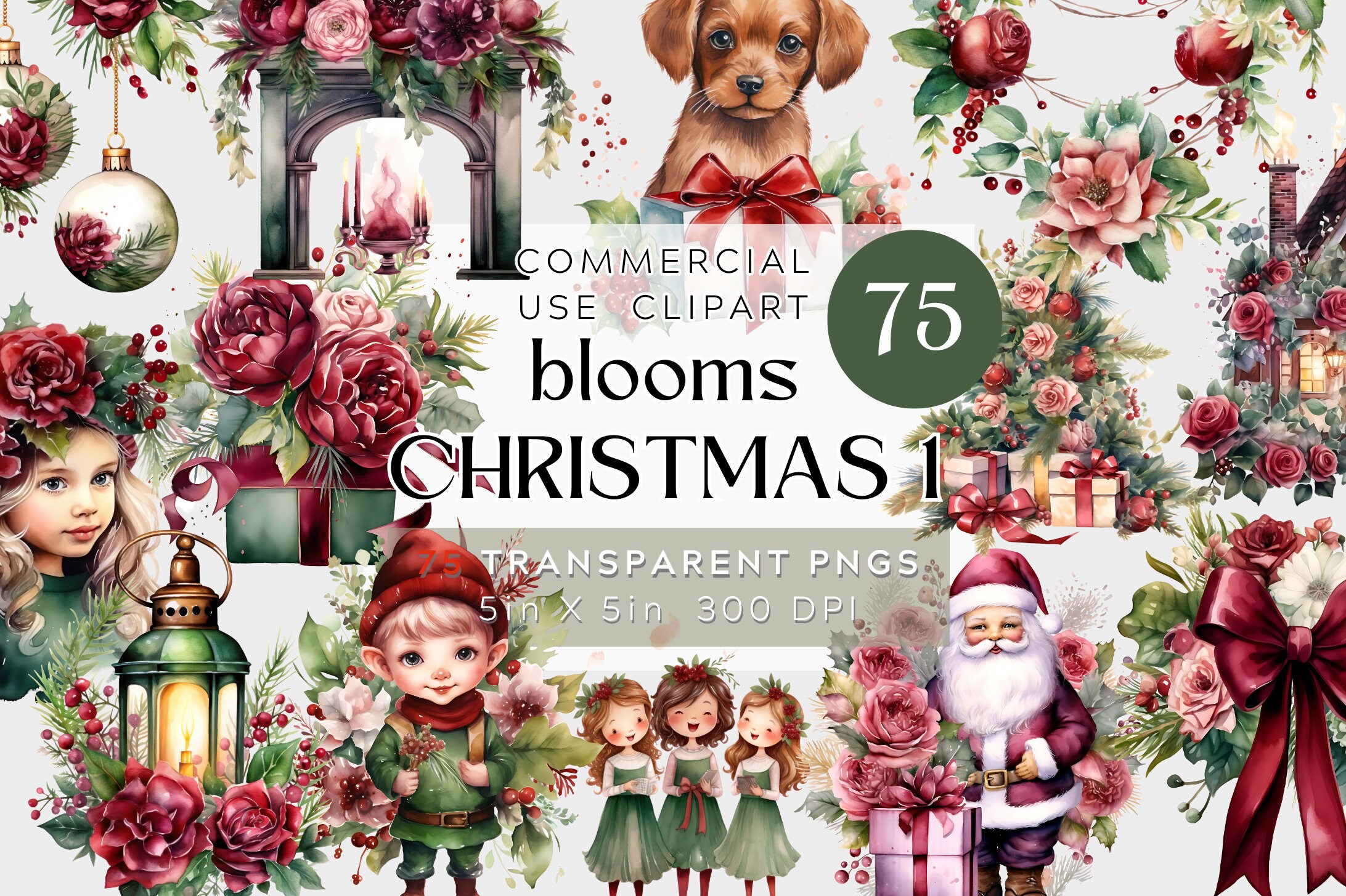 75 PNG Christmas Blooms Clipart, Adorable Xmas Santa, Elves, Puppies ...