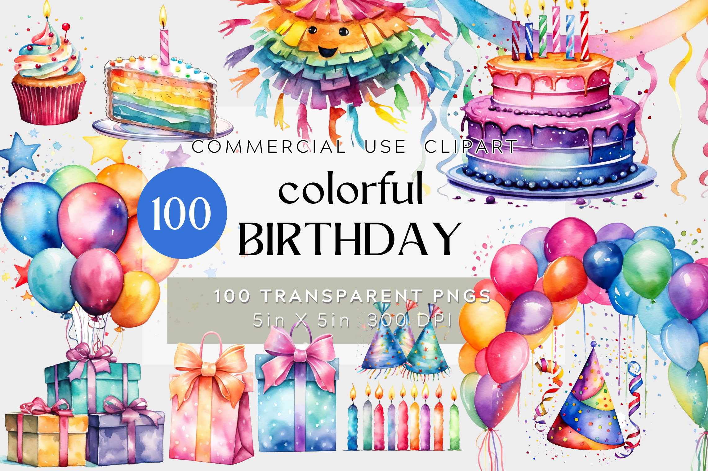 100 PNG Birthday Watercolor Clipart. BUNDLE Cute Cake, Balloons ...