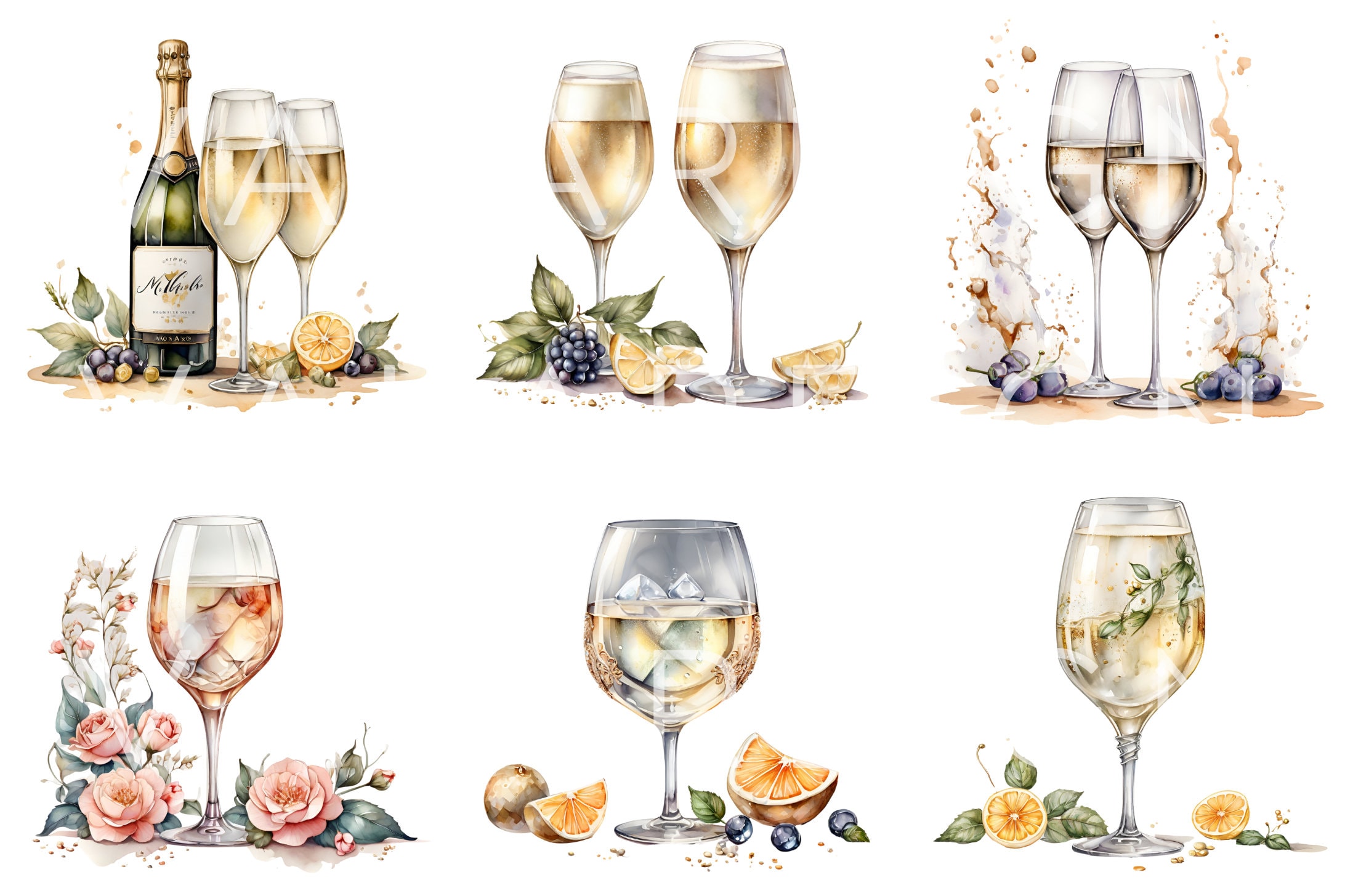 Prosecco Champagne Bubbly Watercolor Clipart, BUNDLE PNG, Transparent ...