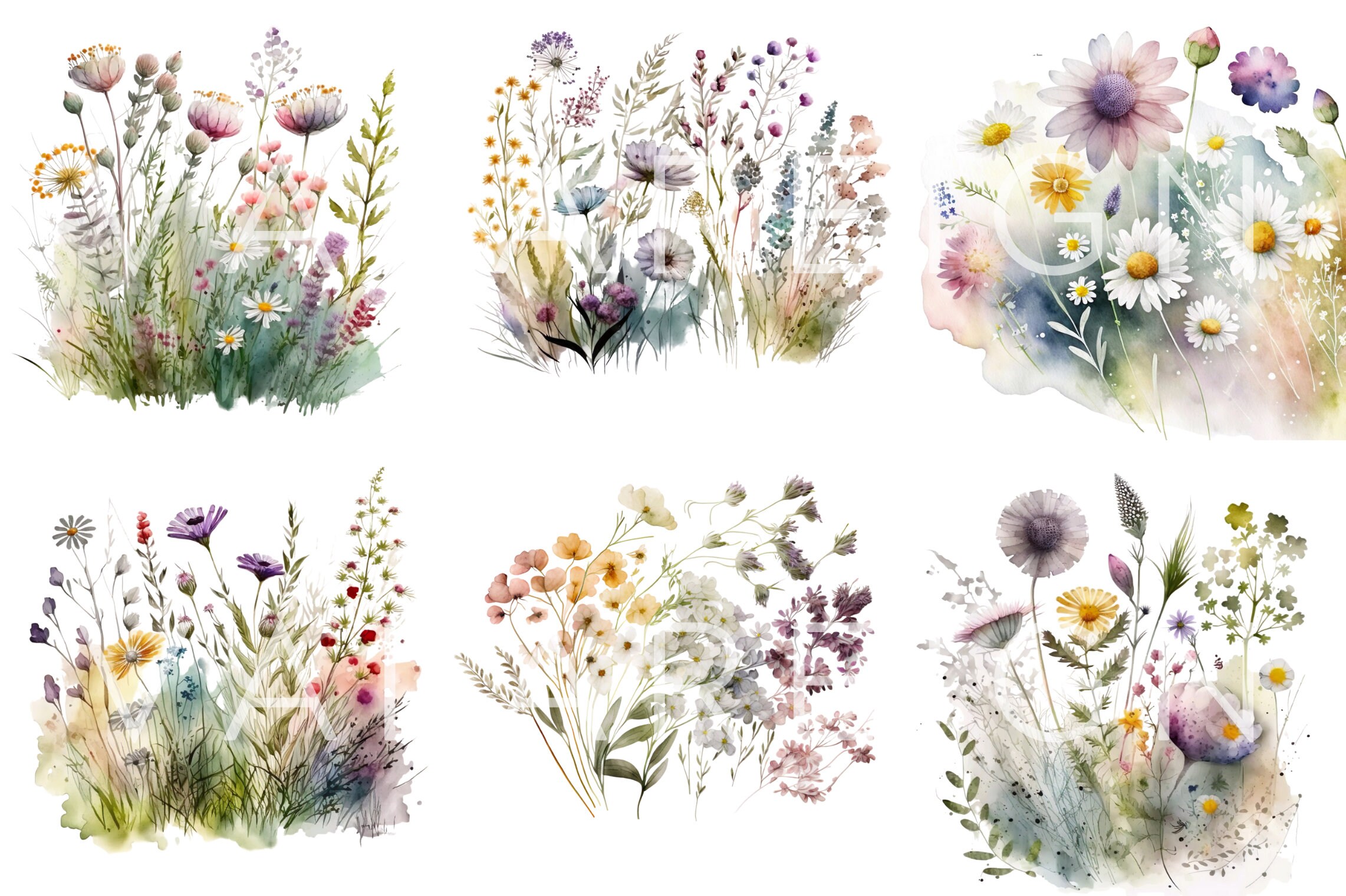 50 Watercolor Meadow Flowers Floral Clipart Bundle, Floral Border Set ...