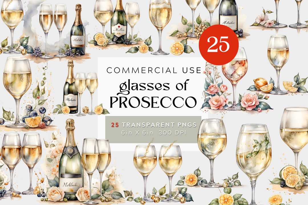 Prosecco Champagne Bubbly Watercolor Clipart, BUNDLE PNG, Transparent ...