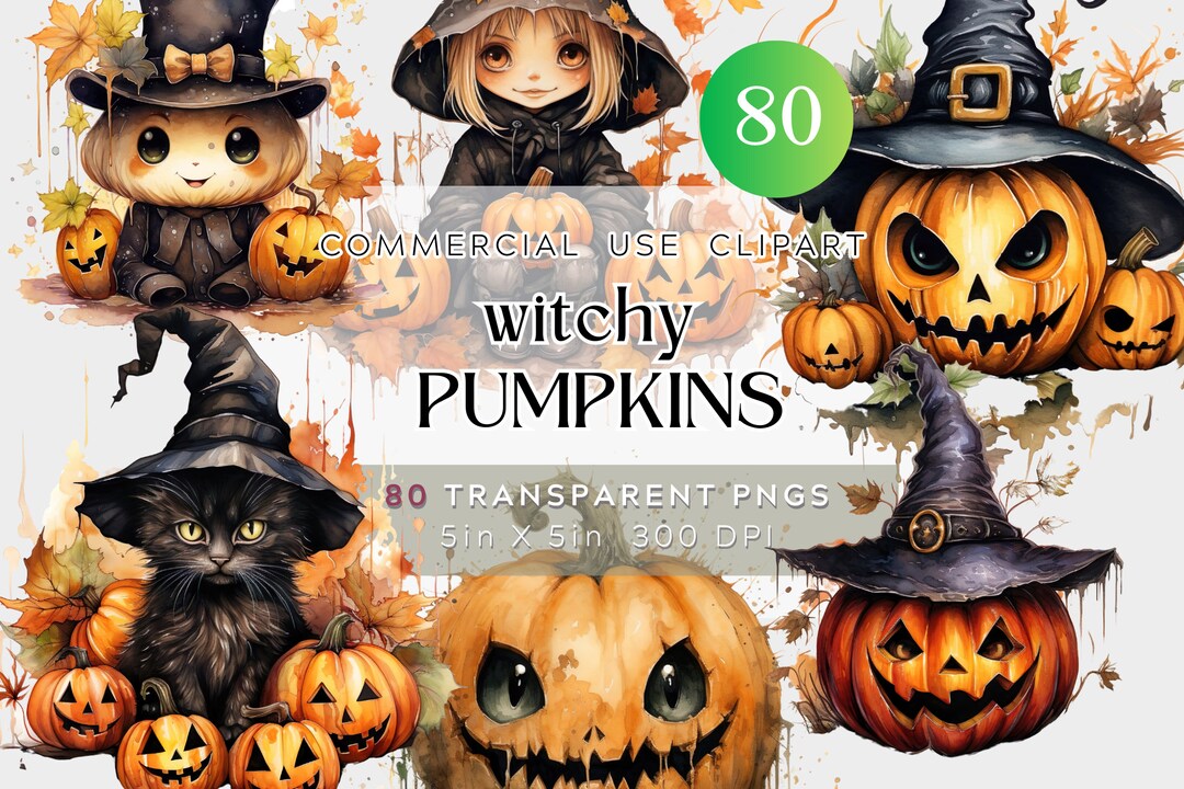 80 PNG Witchy Pumpkin Halloween Clipart Bundle, Fantasy Cute and Scary ...