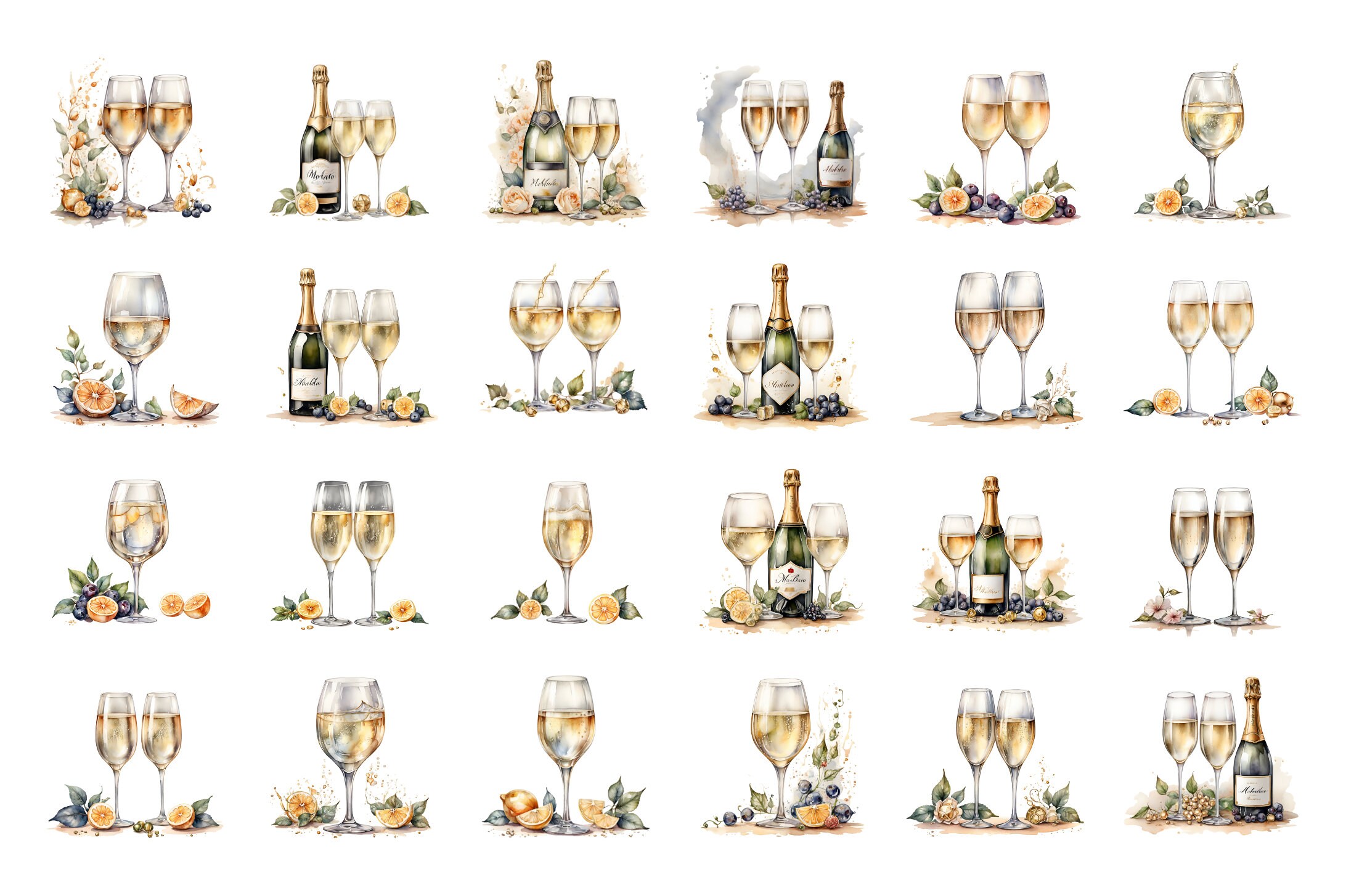 Prosecco Champagne Bubbly Watercolor Clipart, BUNDLE PNG, Transparent ...