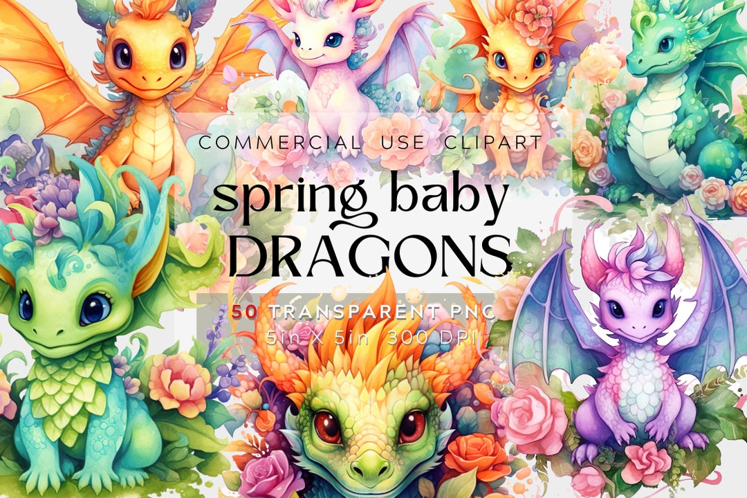 50 PNG Watercolor Spring Dragons Clipart, Fantasy Baby Dragons, Baby ...