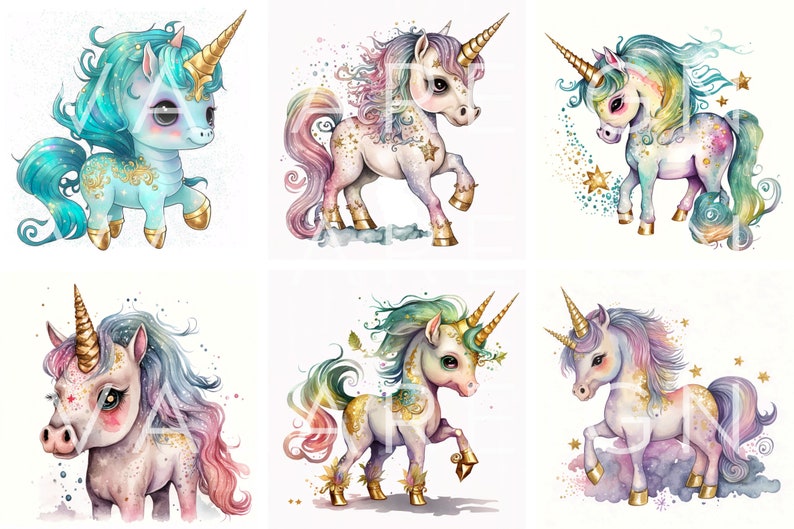 90 PNG Watercolor Gold Unicorn Clipart, Fantasy Colorful Unicorns ...
