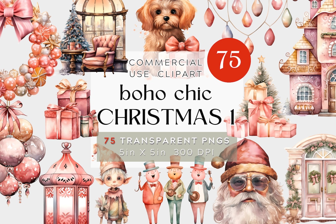 75 PNG Boho Pink Neutral Christmas Clipart, Adorable Xmas Santa, Elves ...