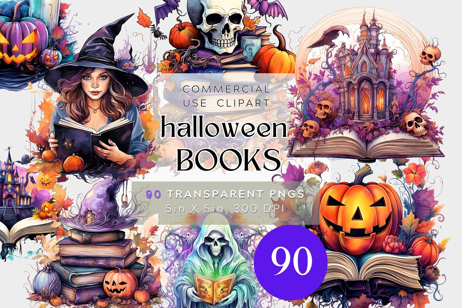 90 PNG Spooky Books, Halloween Library Clipart Bundle, Fantasy Cute and ...
