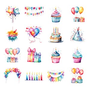 100 PNG Birthday Watercolor Clipart. BUNDLE Cute Cake, Balloons ...