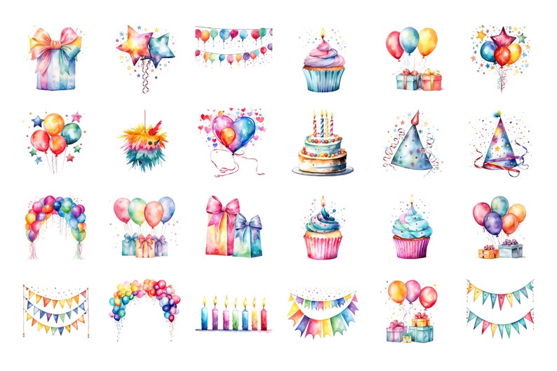 100 PNG Birthday Watercolor Clipart. BUNDLE Cute Cake, Balloons ...