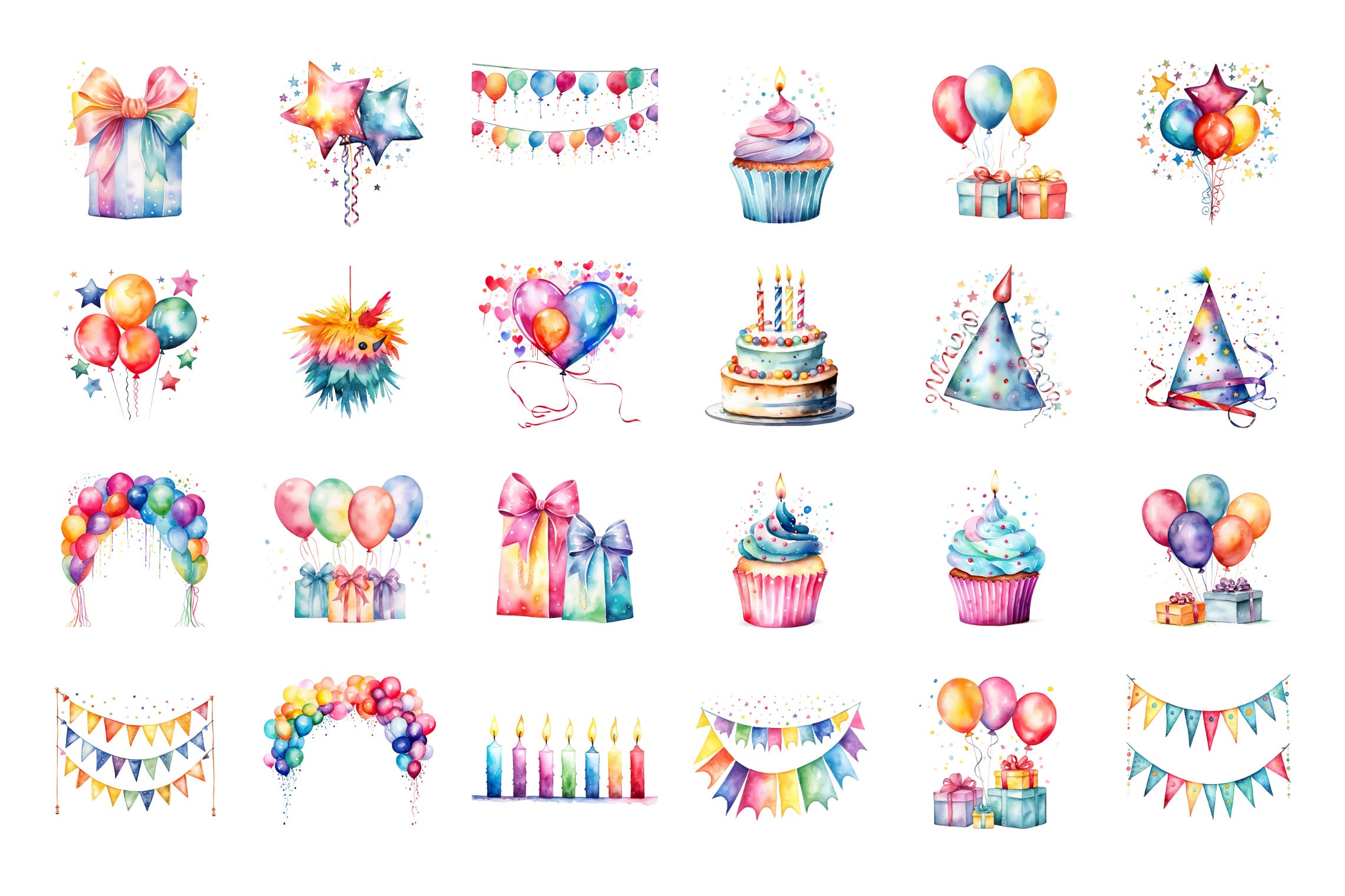 100 PNG Birthday Watercolor Clipart. BUNDLE Cute Cake, Balloons ...