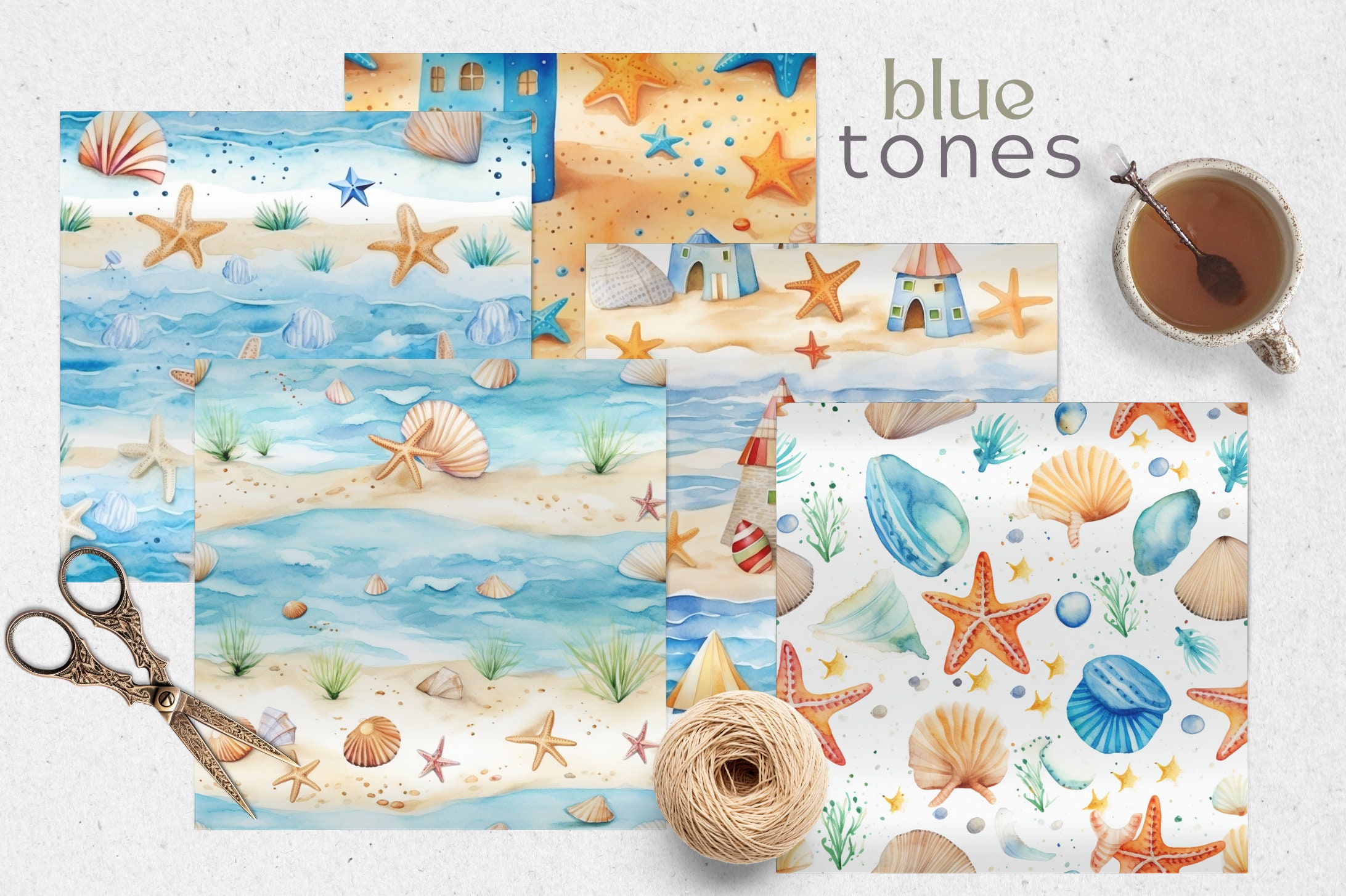 Pastel Beach Patterns Seamless Paper, Watercolor Digital Junk Journal ...