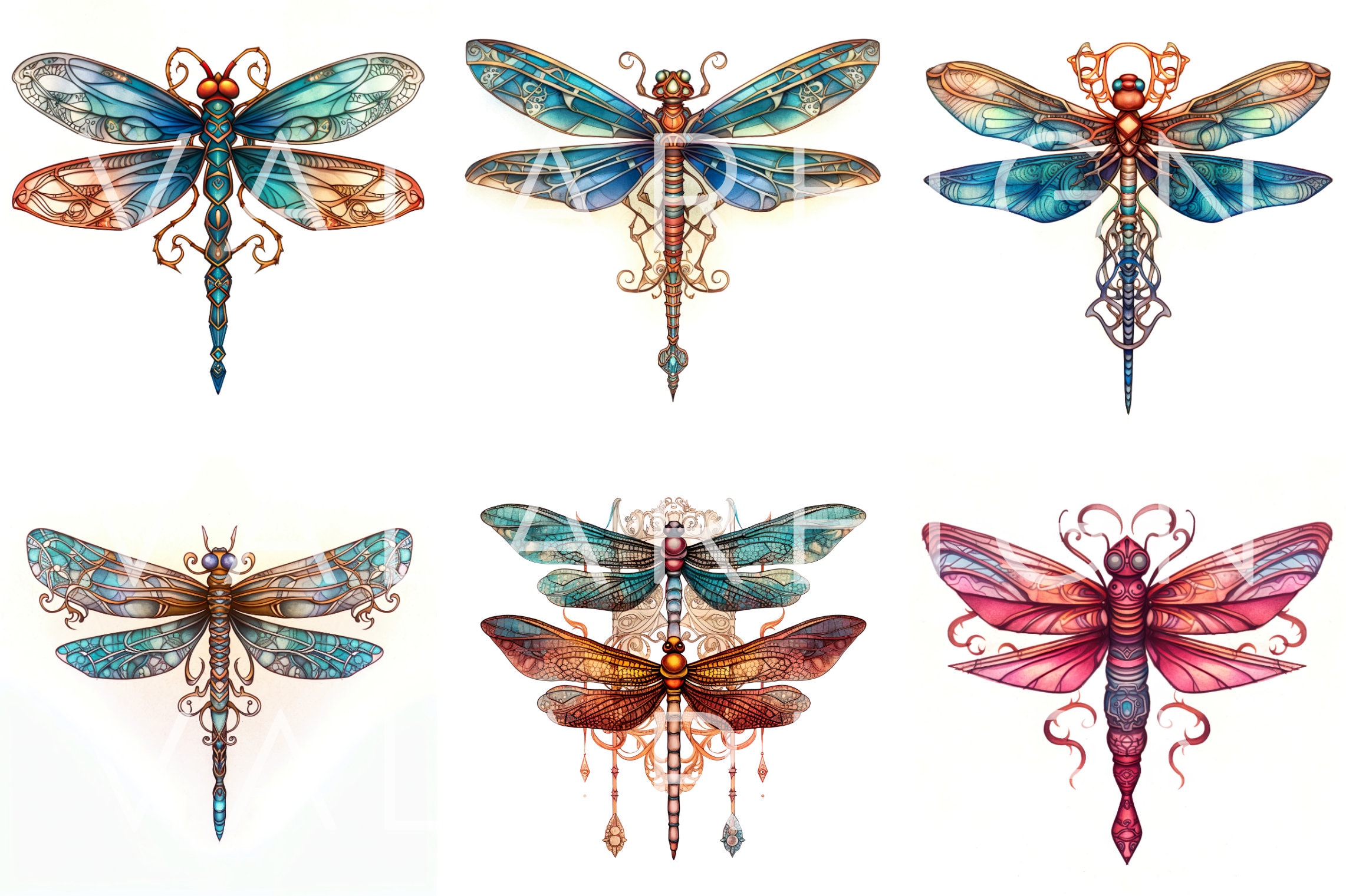 75 Ornate Dragonfly Graphic Design Bundle 1, Watercolor Illustration ...
